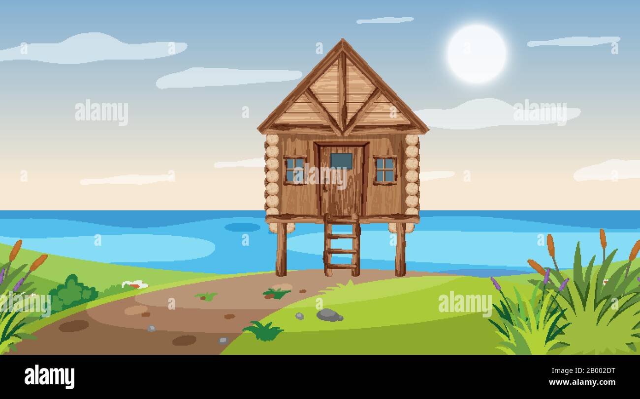 Scene with wooden cottage in the field by the river illustration Stock ...