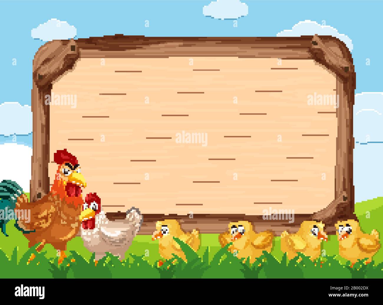 Wooden sign template with many chickens in the farmland illustration ...