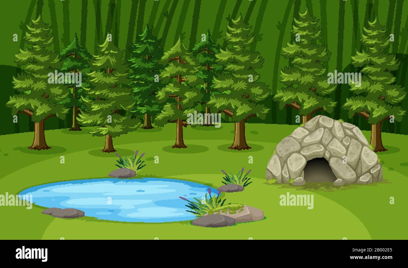 Scene with little cave by the pond in the big forest illustration Stock ...