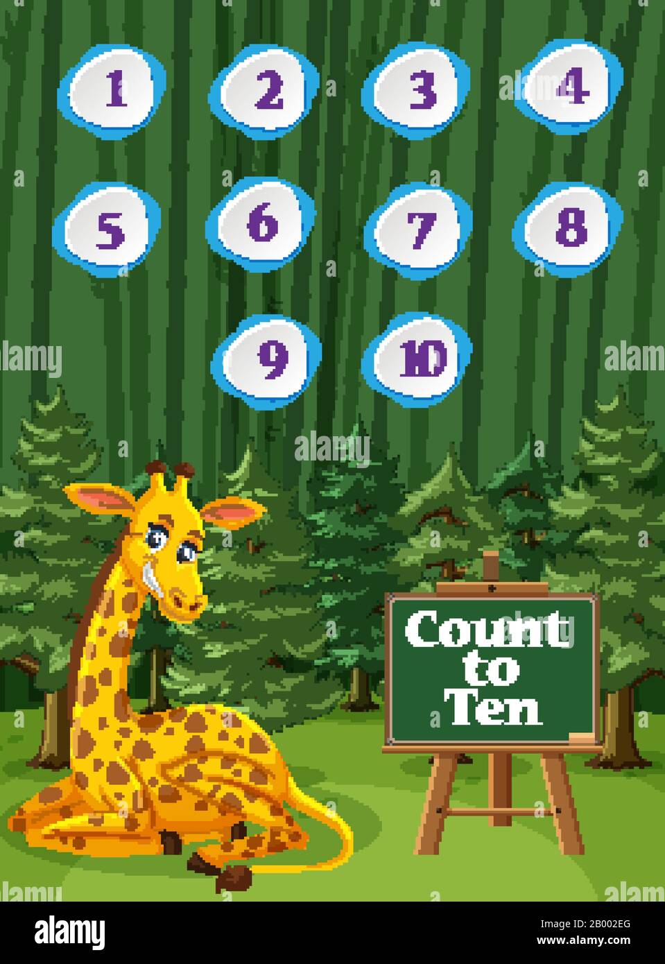 Counting number one to ten with giraffe in the woods background ...