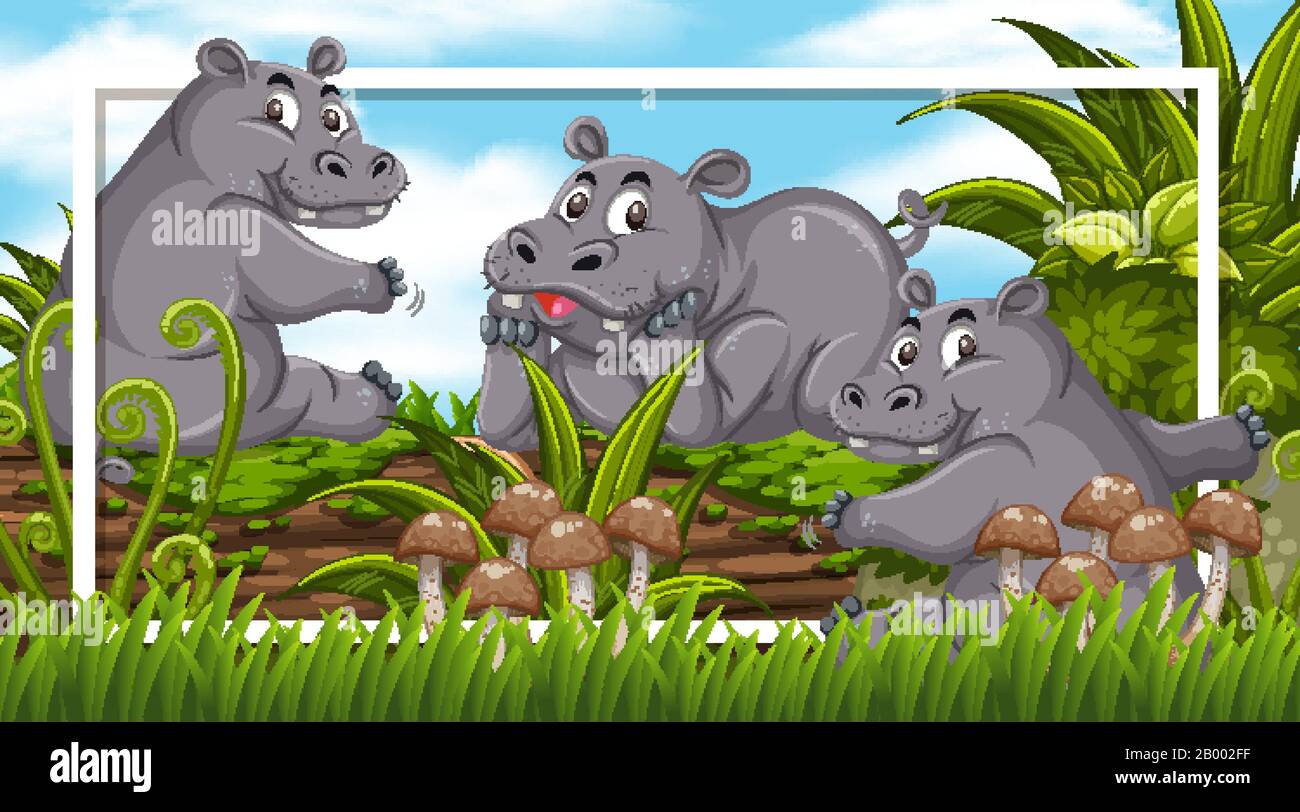 Frame design with cute hippos on the log illustration Stock Vector ...