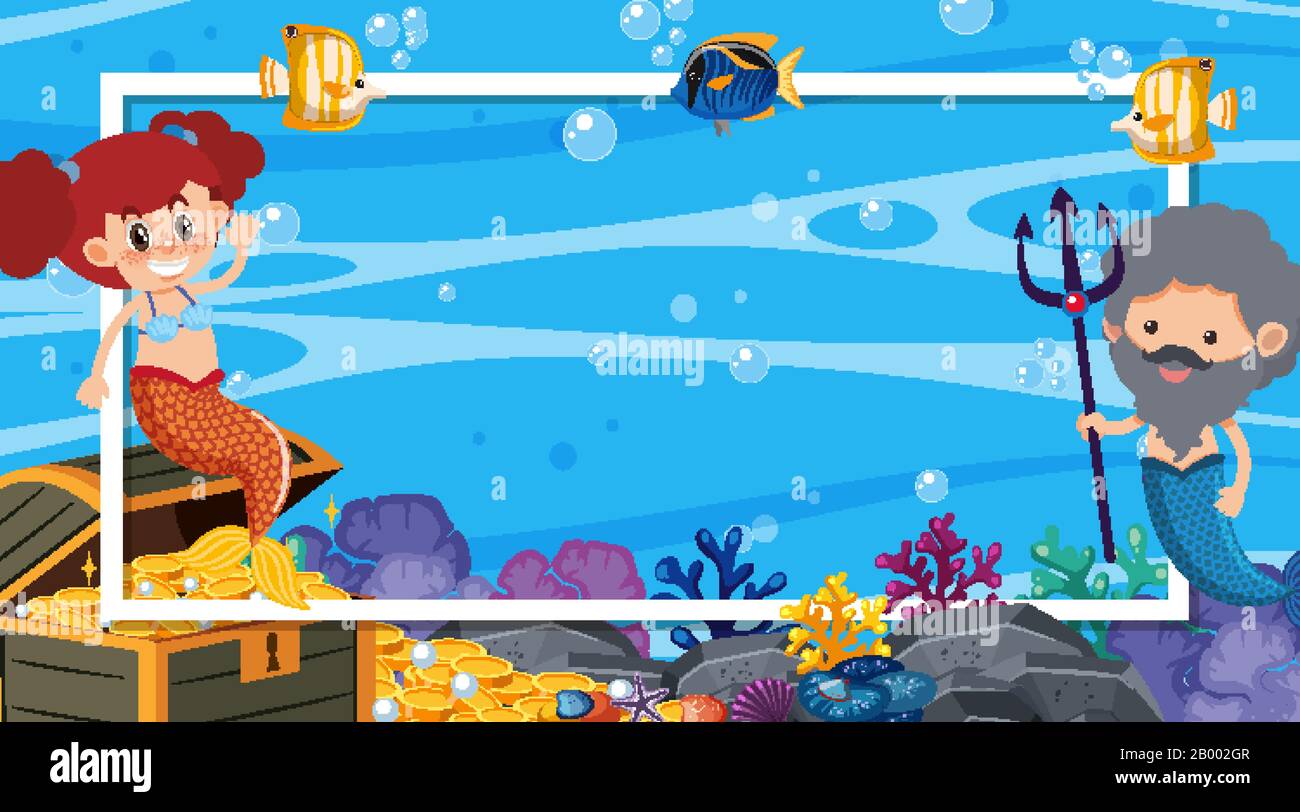 Frame design with mermaid and fish swimming in the sea illustration ...
