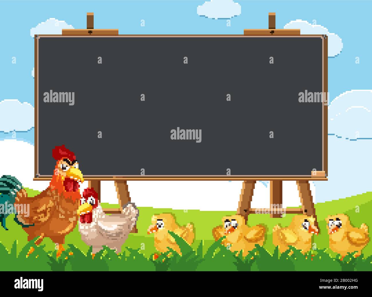 Blackboard template with many chickens walking in the field ...