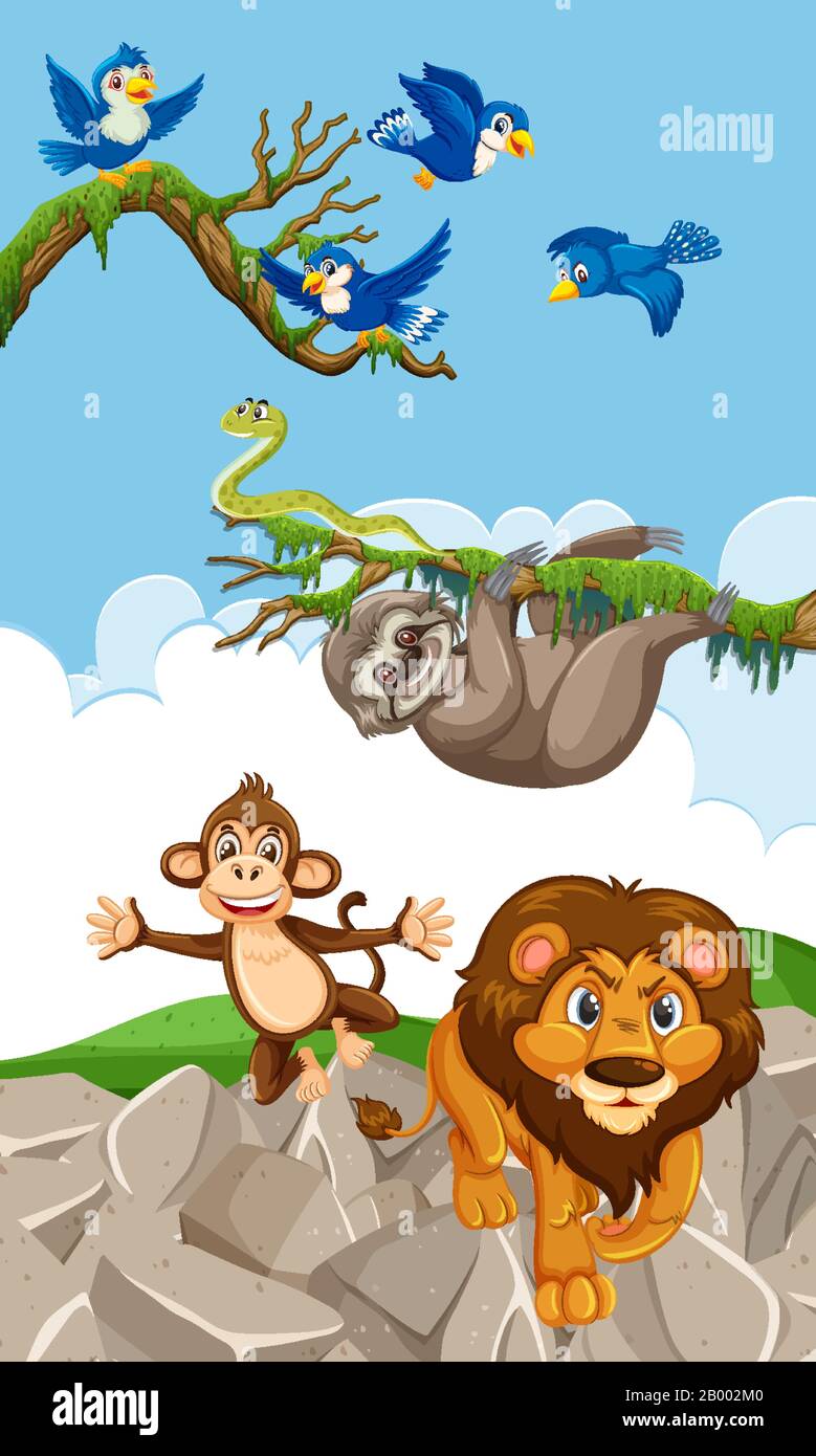 Scene with blue birds flying and many animals on land illustration ...