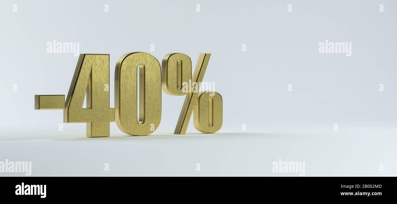 brass text "-40%" on white background - 3D rendered illustration Stock ...