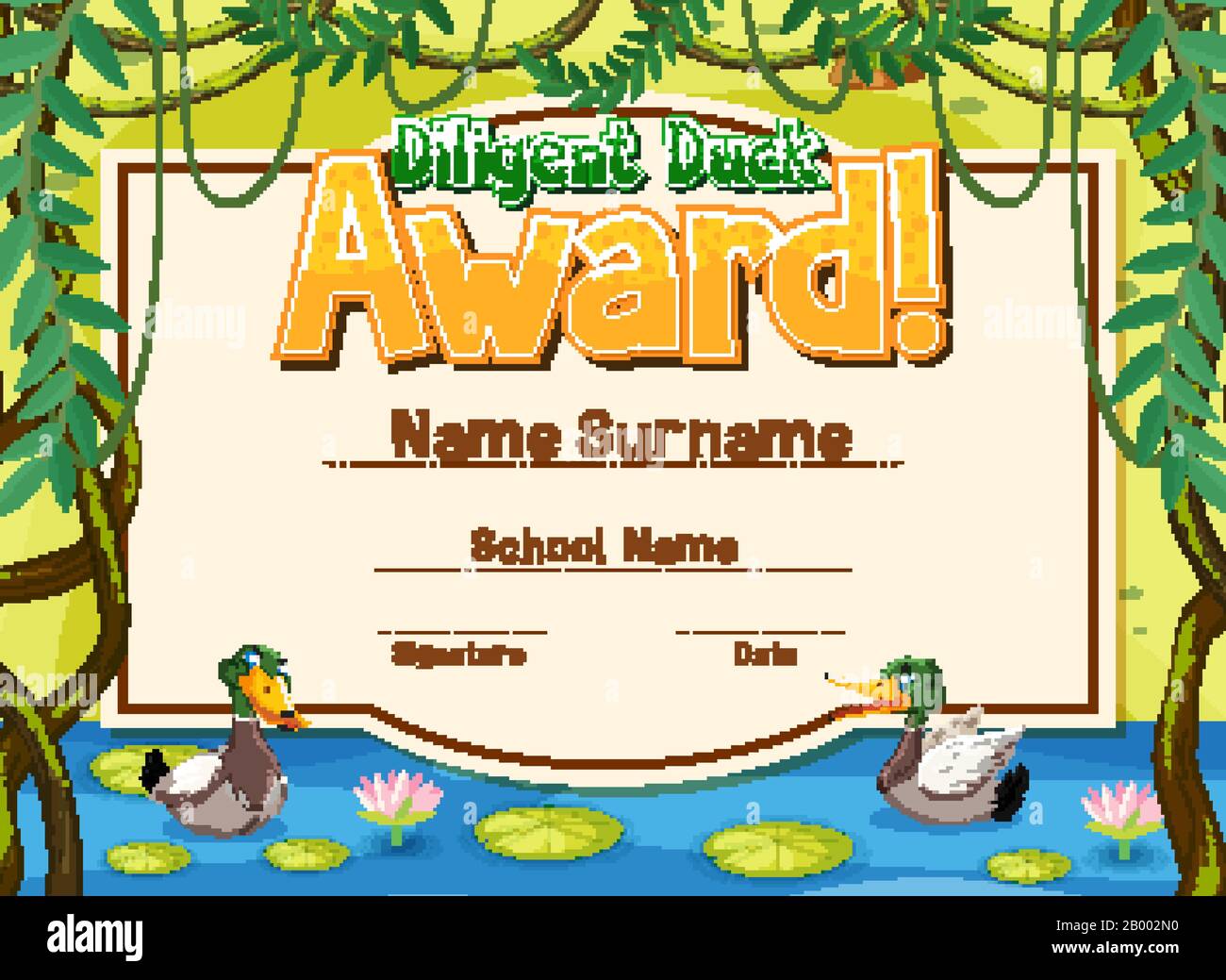 Certificate template for diligent duck award with ducks in the pond ...