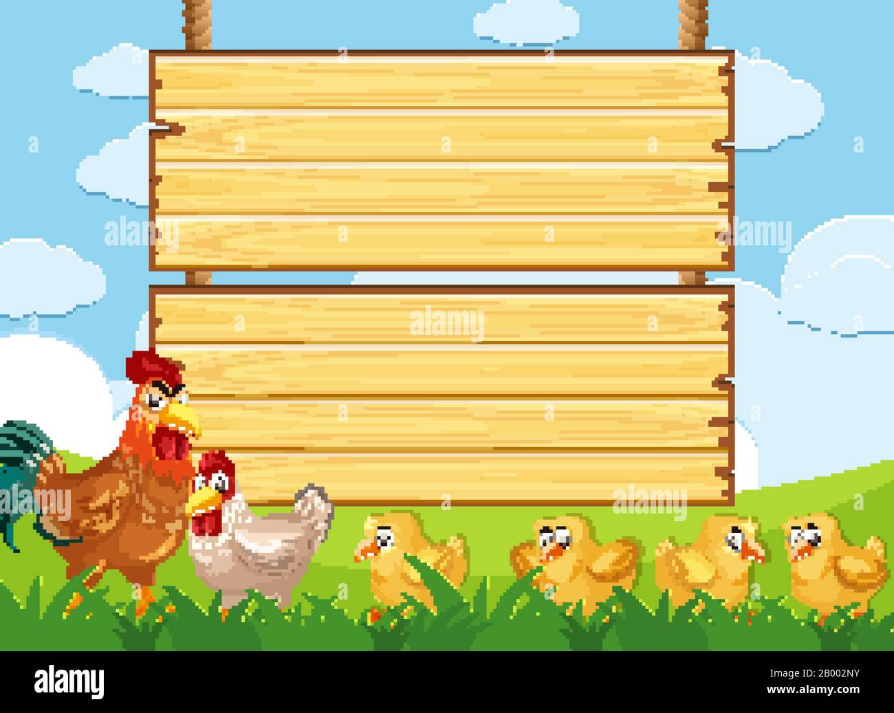 Wooden sign template with chickens on the farm illustration Stock ...