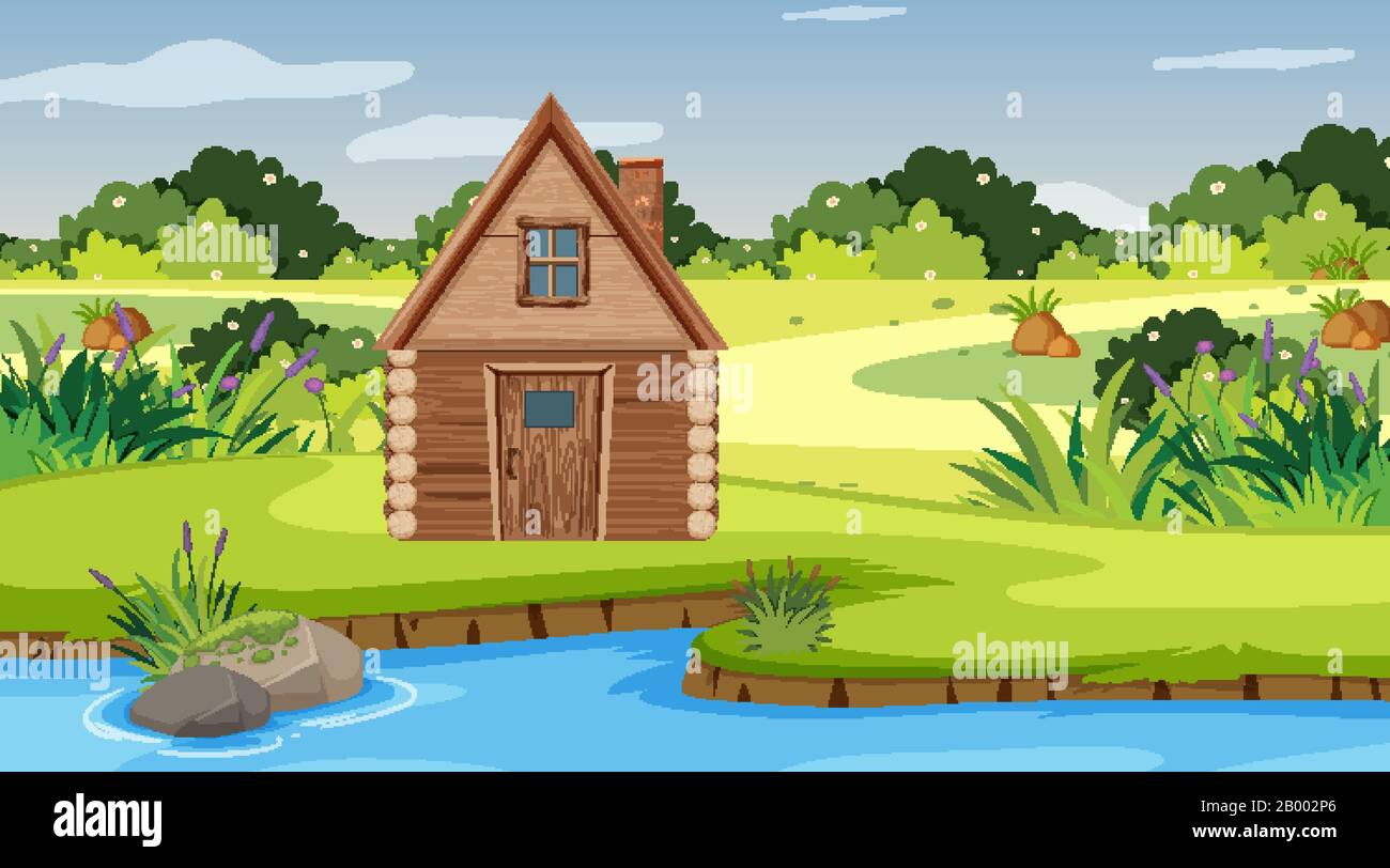 Scene with wooden cottage in the field illustration Stock Vector Image ...