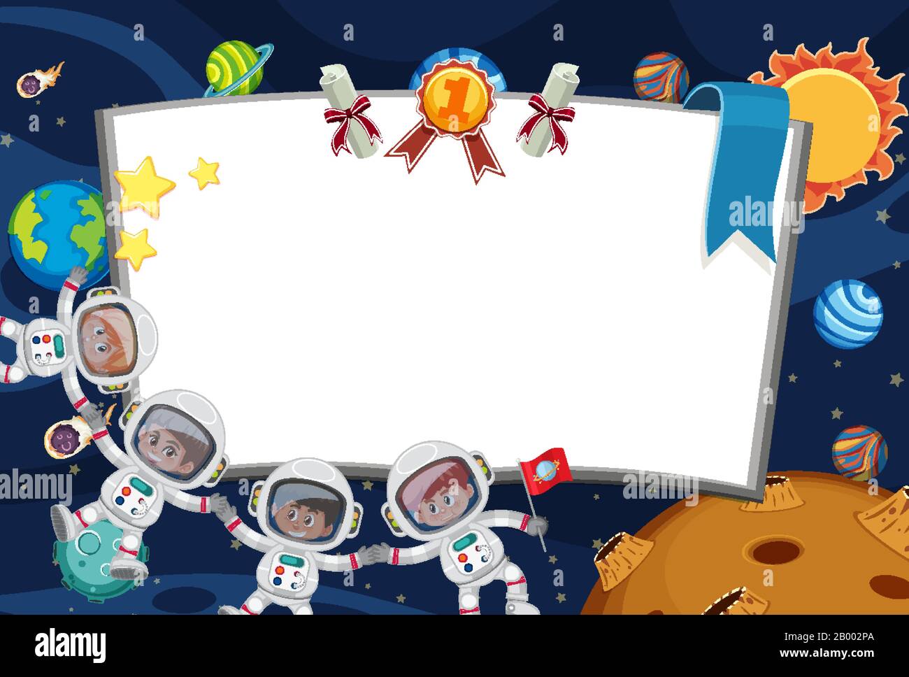 Frame template design with astronauts flying in the space illustration ...