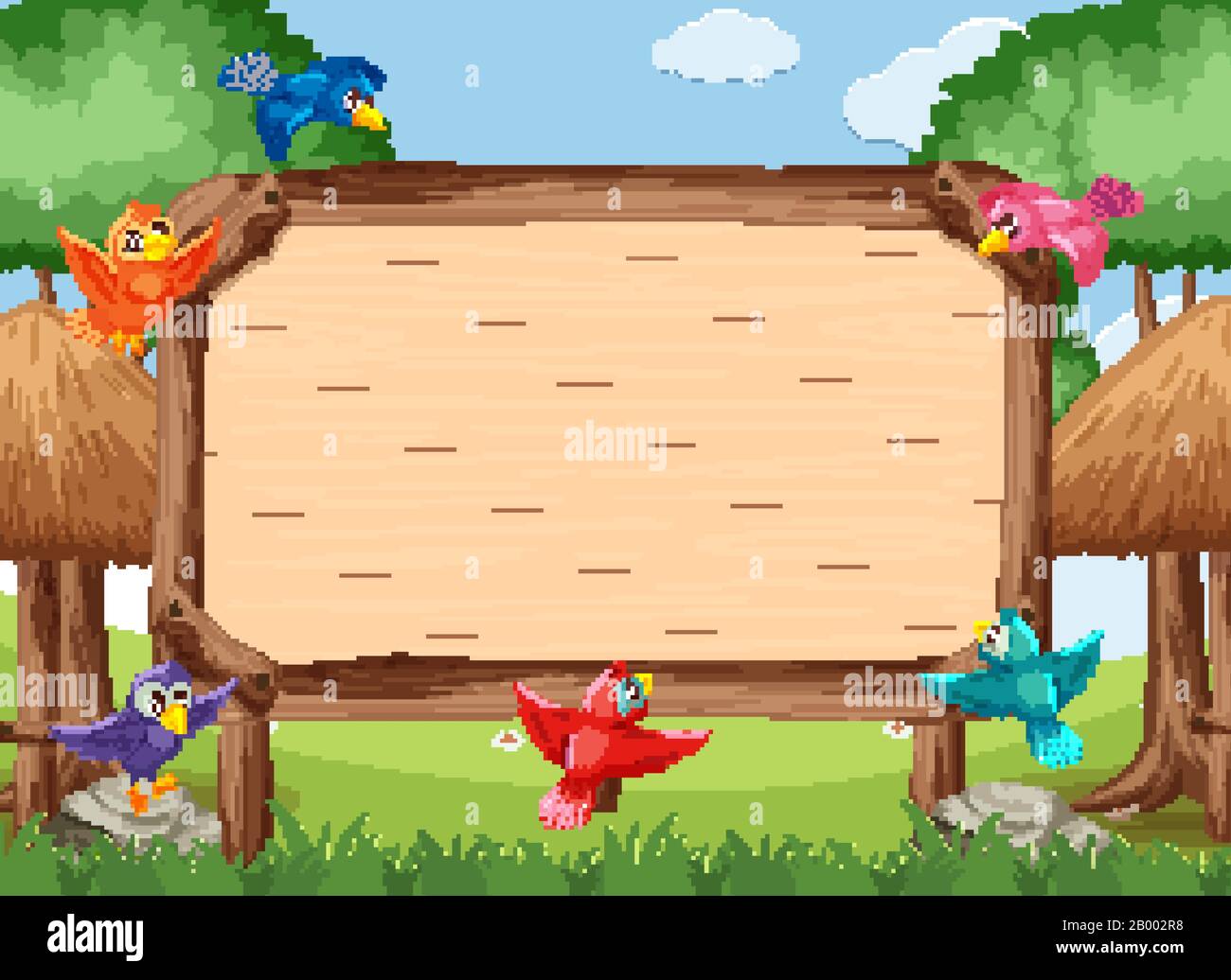 Wooden sign template with colorful birds flying in the park ...