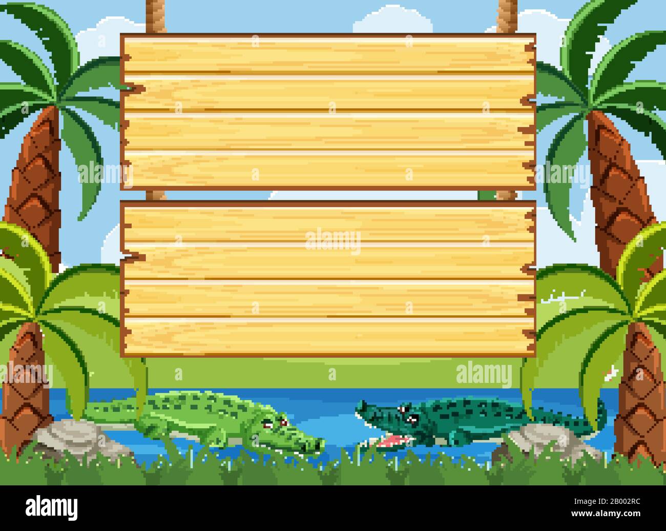 Wooden sign template with crocodile swimming in the river illustration ...