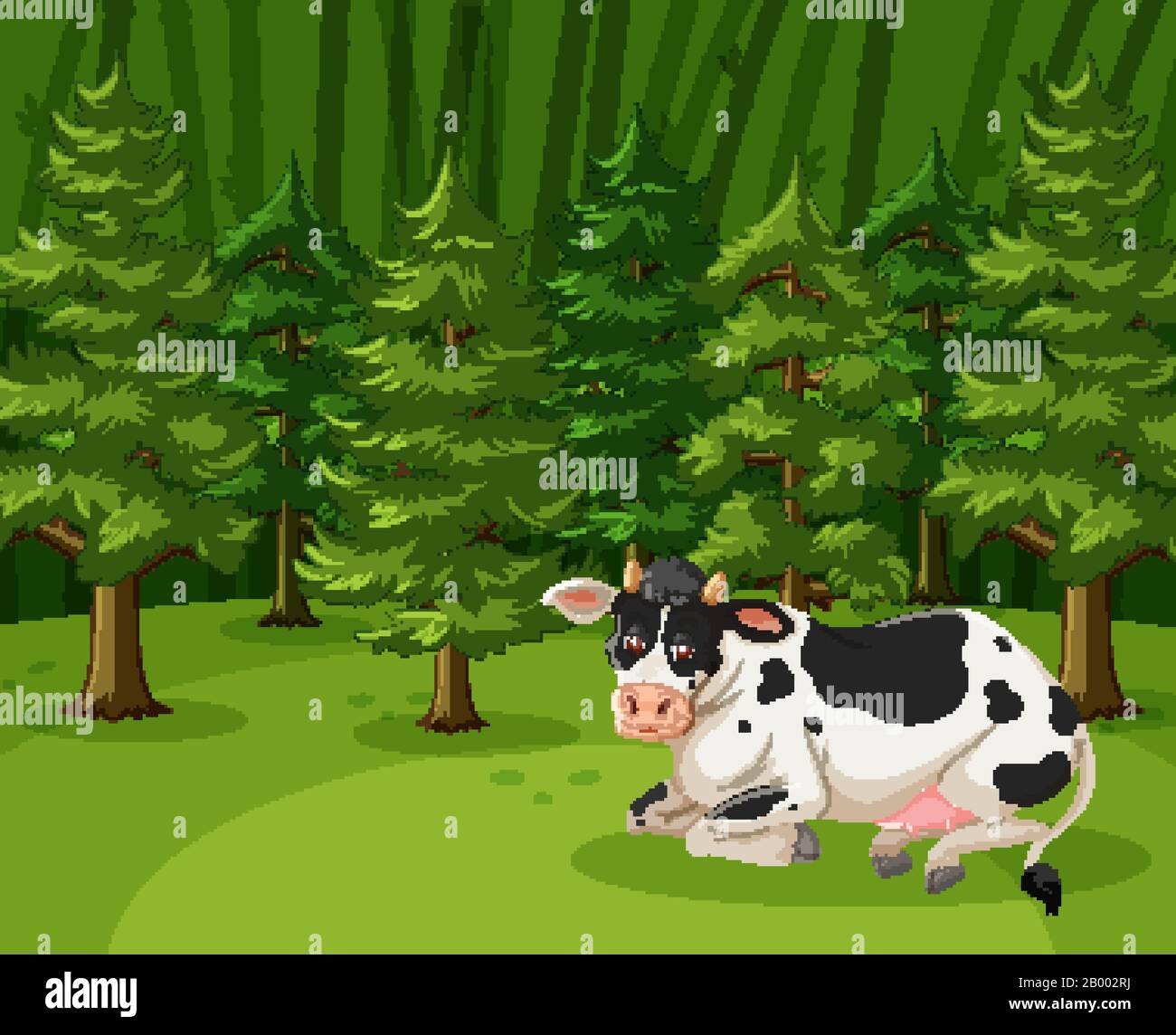 Scene with one cow in the big forest illustration Stock Vector Image ...