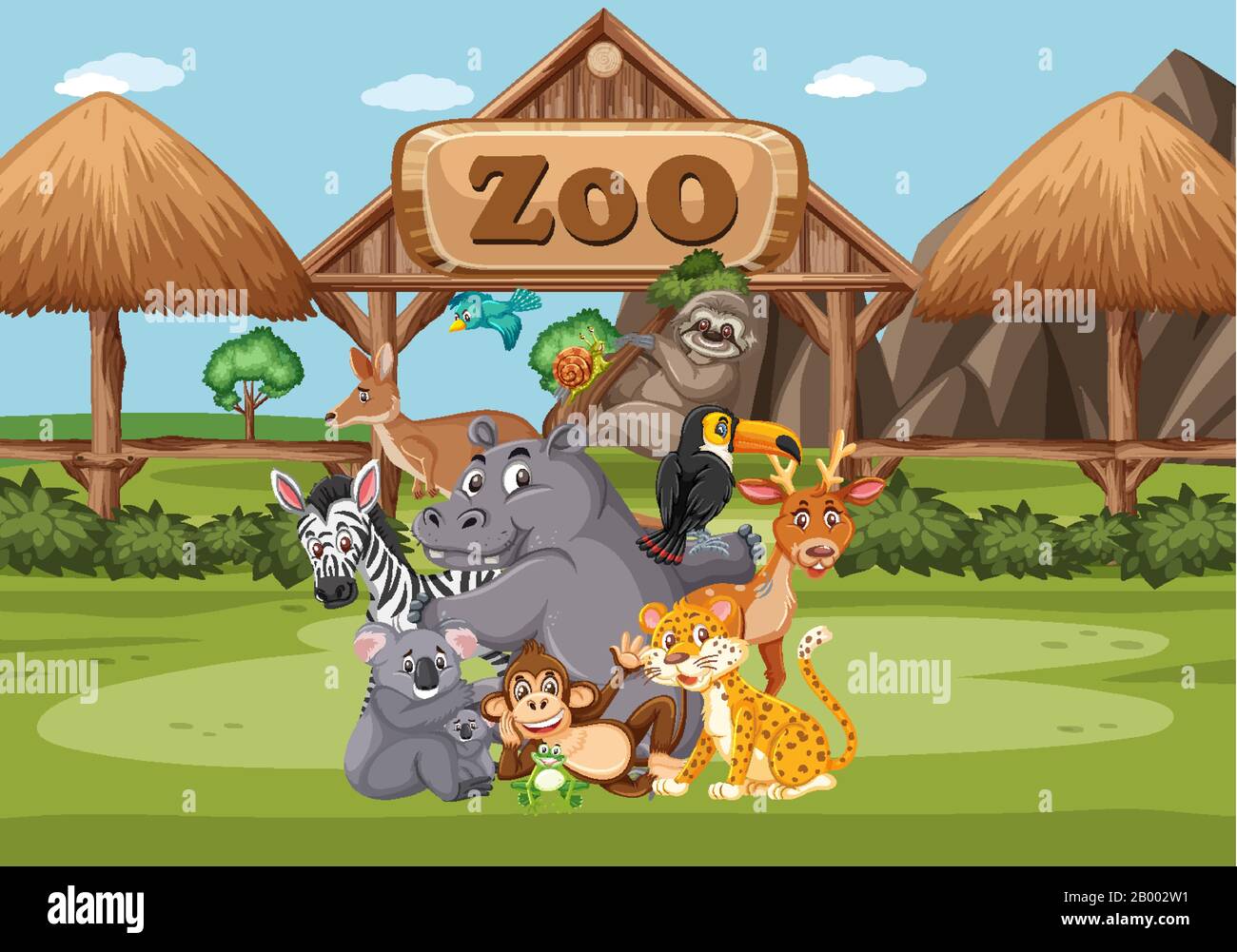 Scene with wild animals in the zoo at day time illustration Stock ...