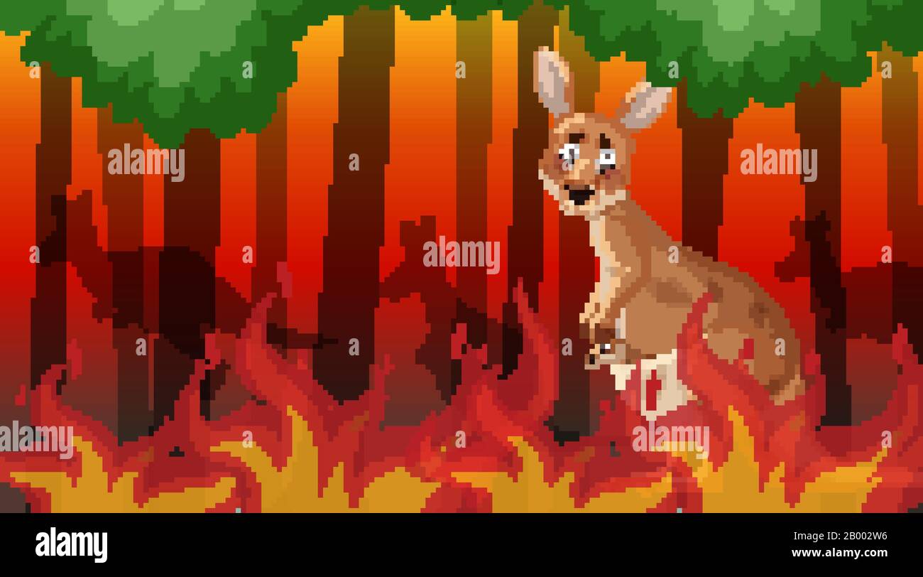 Scene with big wildfire with animal trapped in the forest illustration ...
