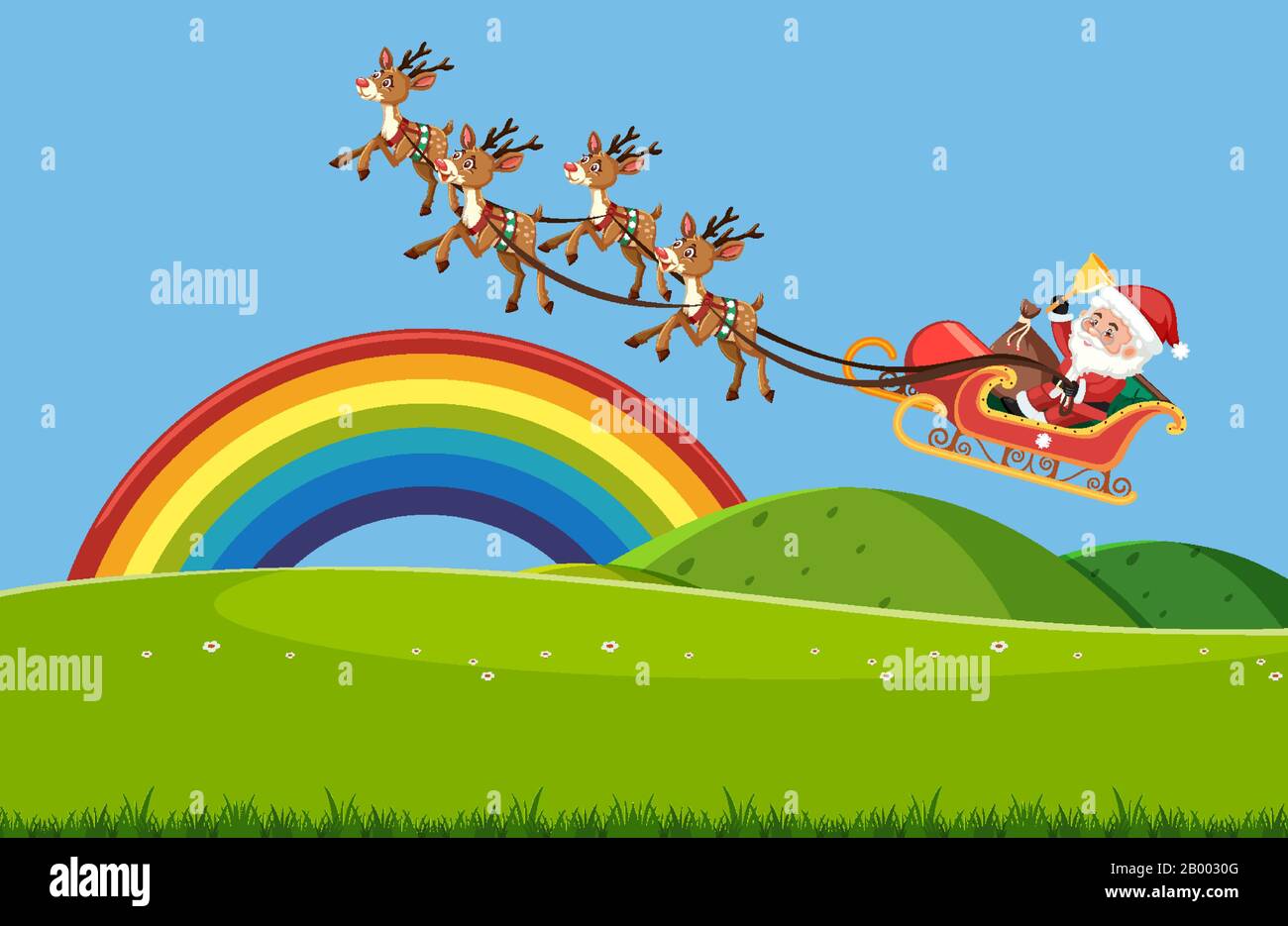 Scene with santa flying in the sky over the green field illustration ...