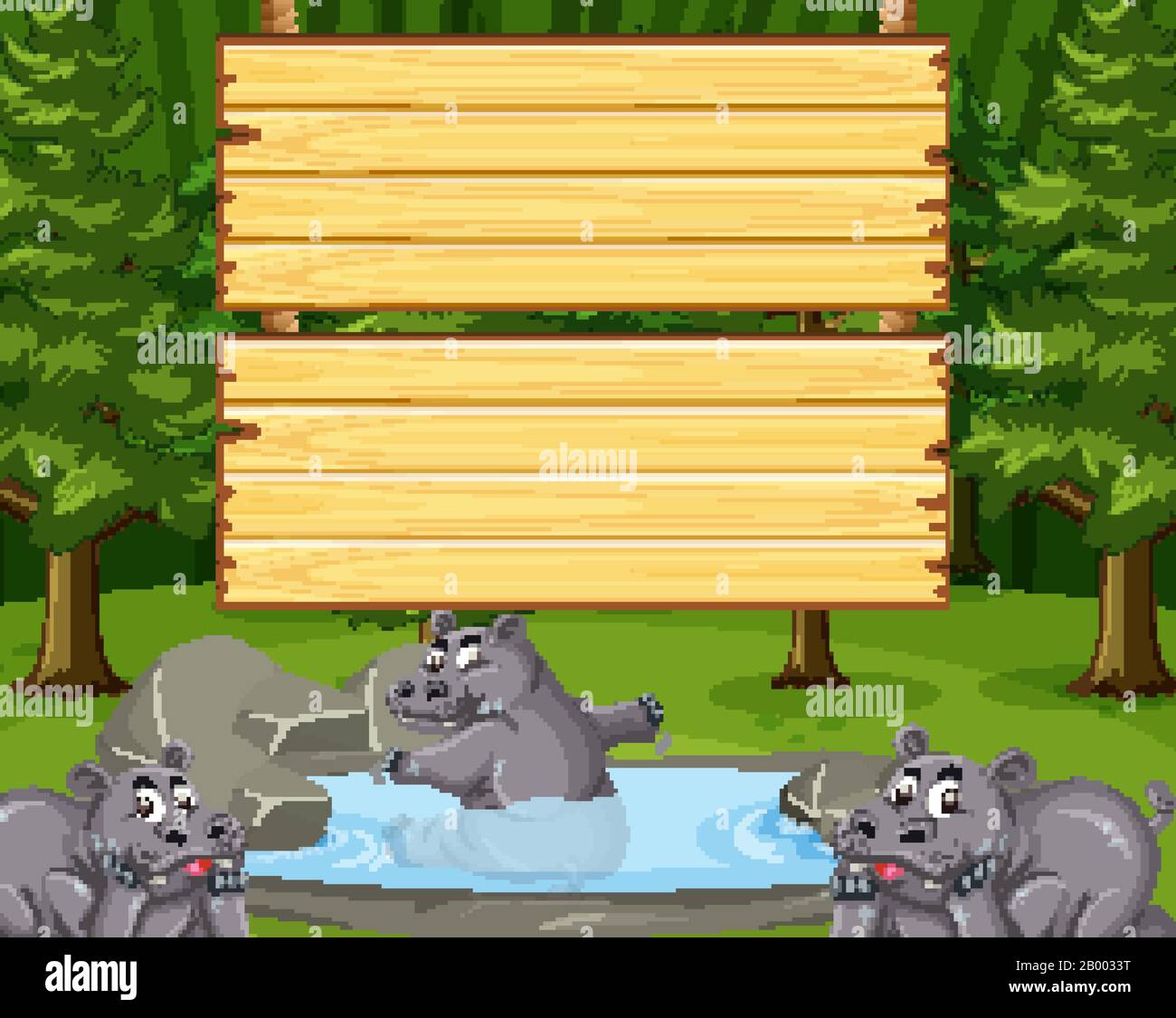 Wooden sign template with cute hippo in the park illustration Stock ...