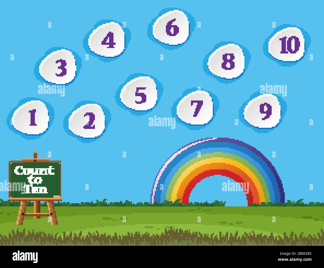 Counting number one to ten with blue sky and green grass in the ...