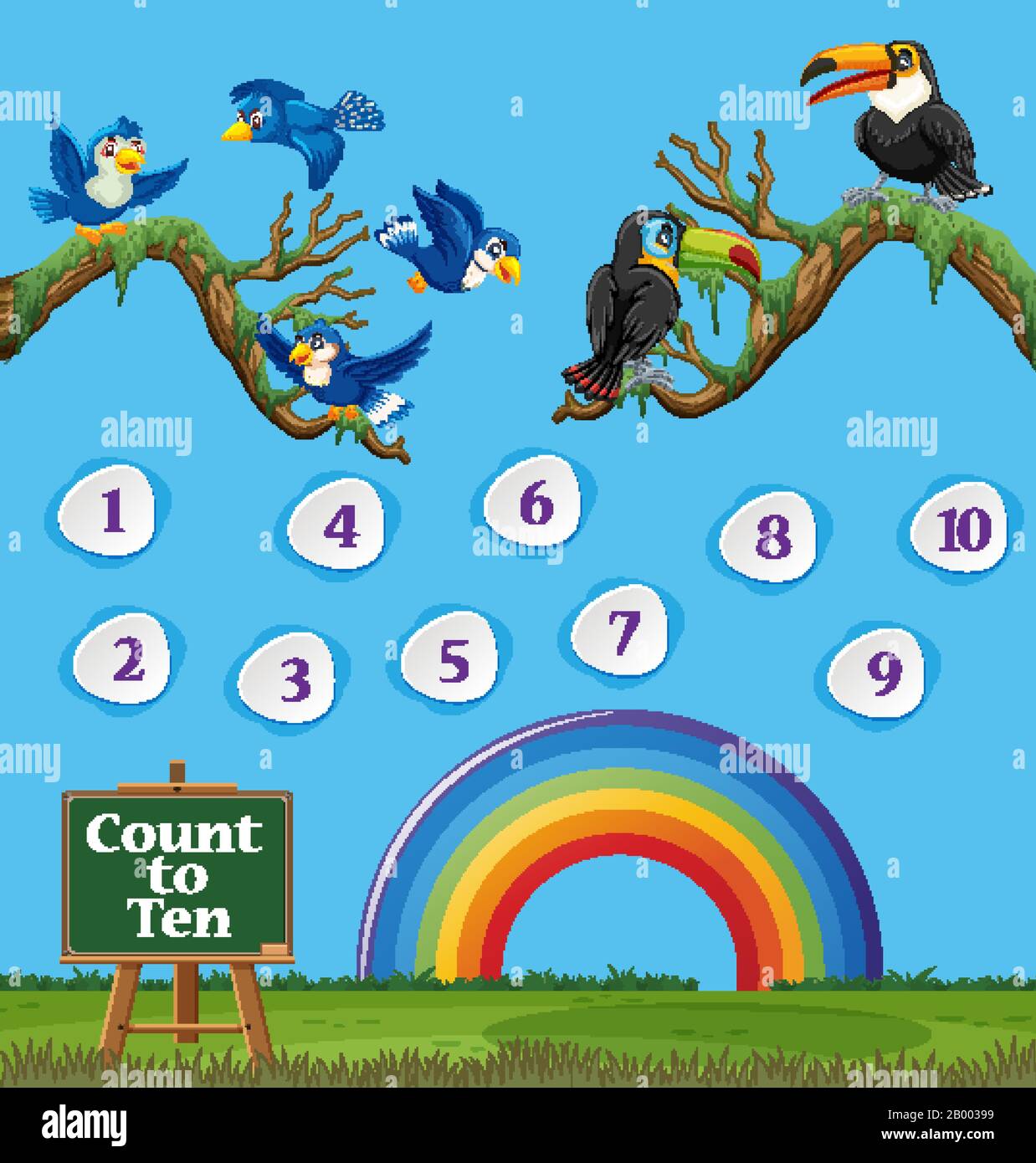 Number one to ten with blue sky and colorful rainbow background ...