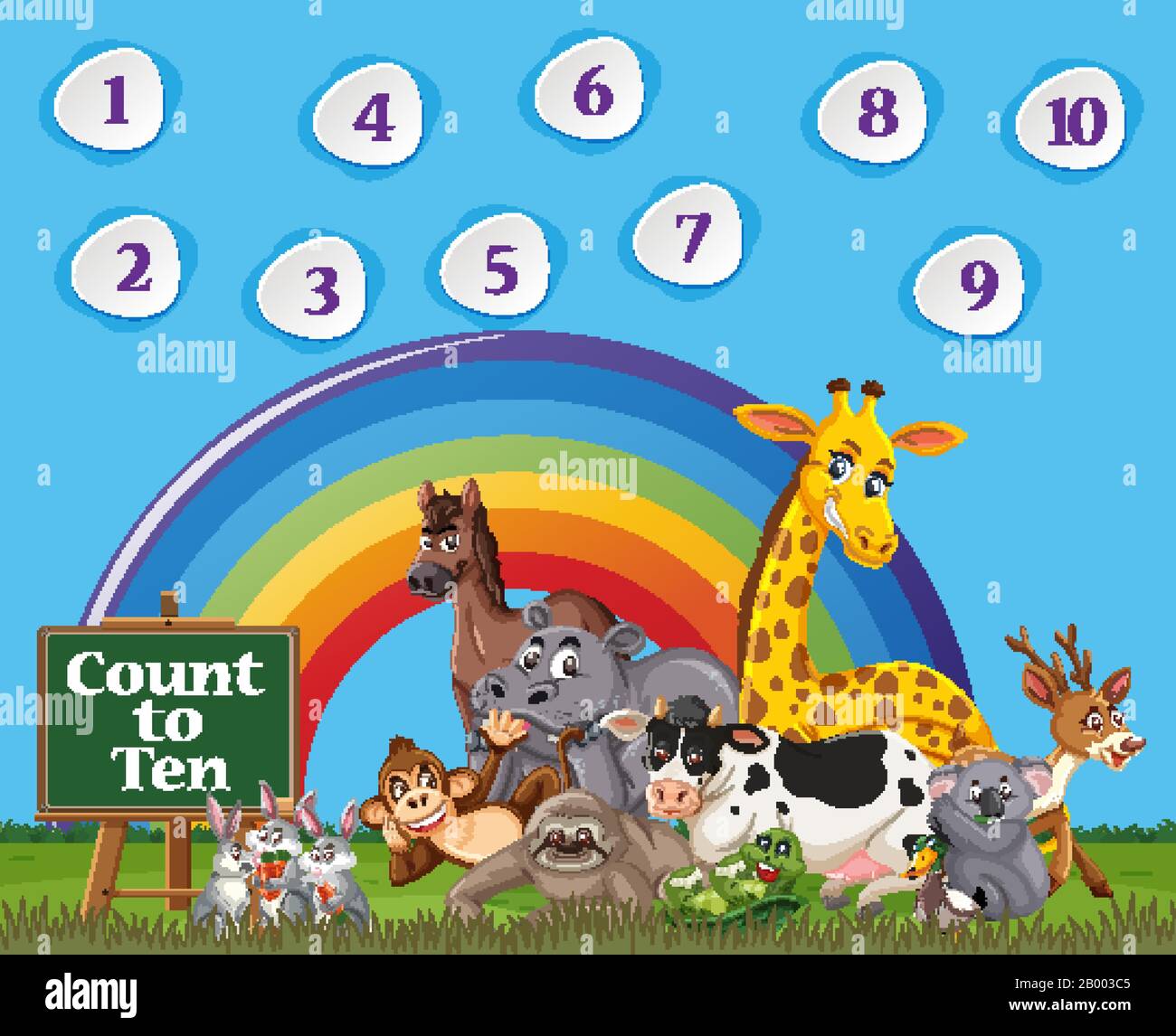 Number one to ten with blue sky and colorful rainbow background ...