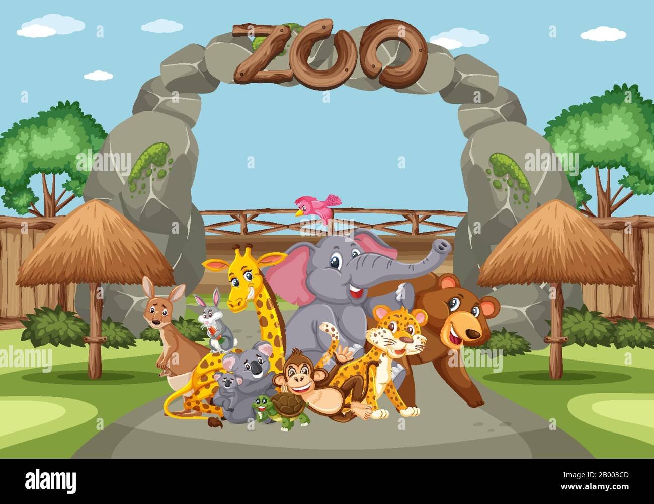 Scene with wild animals in the zoo at day time illustration Stock ...