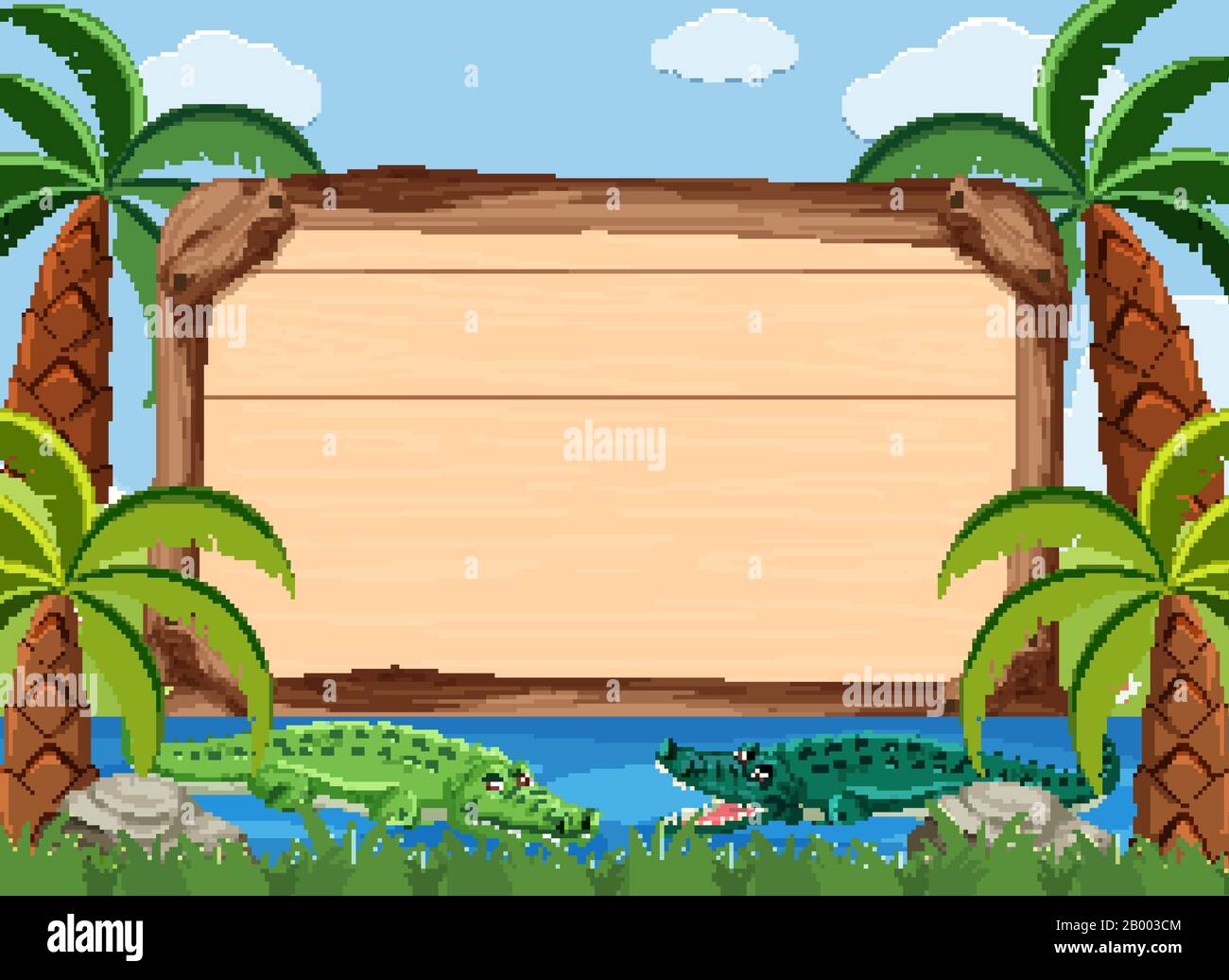 Wooden sign template with crocodiles in the river illustration Stock ...