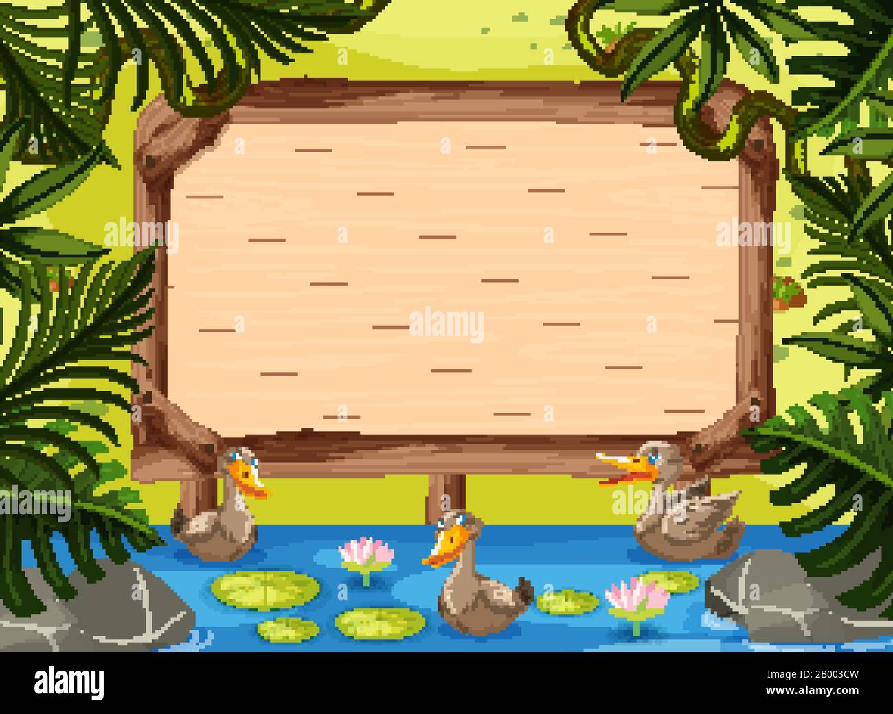 Wooden sign template with ducks swimming in the river illustration ...