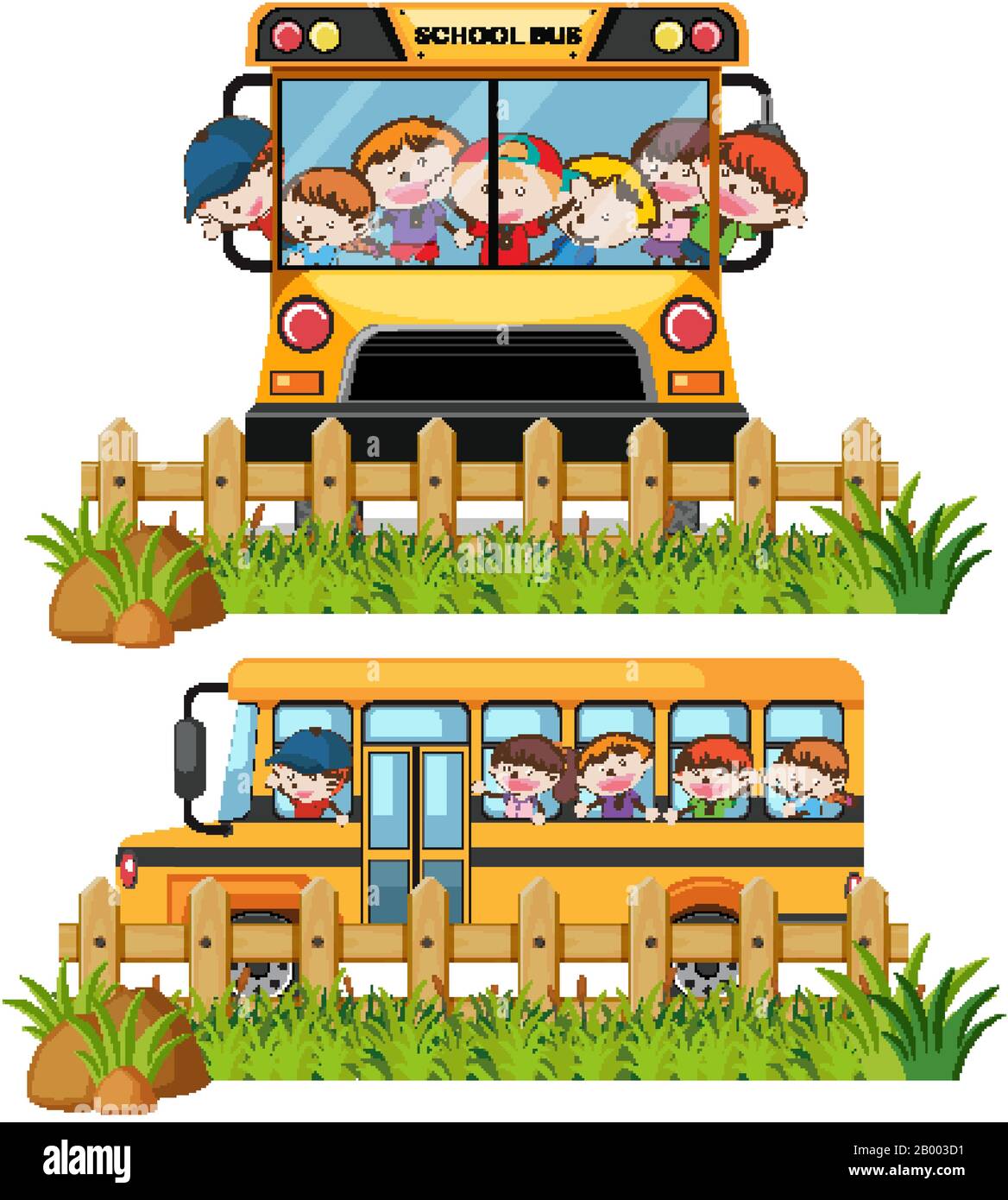 Two school buses with boys and girls riding on it illustration Stock ...