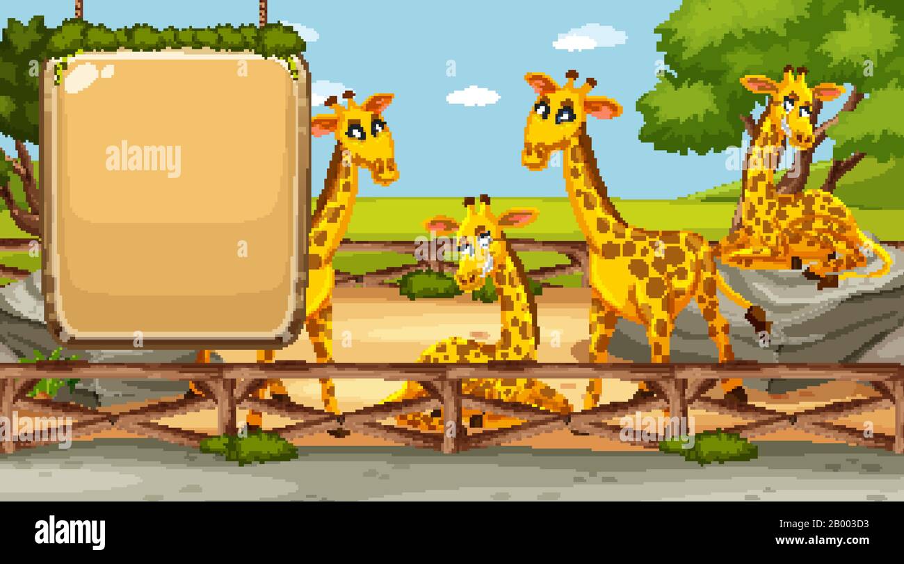 Zoo scene with blank sign and many giraffes illustration Stock Vector ...