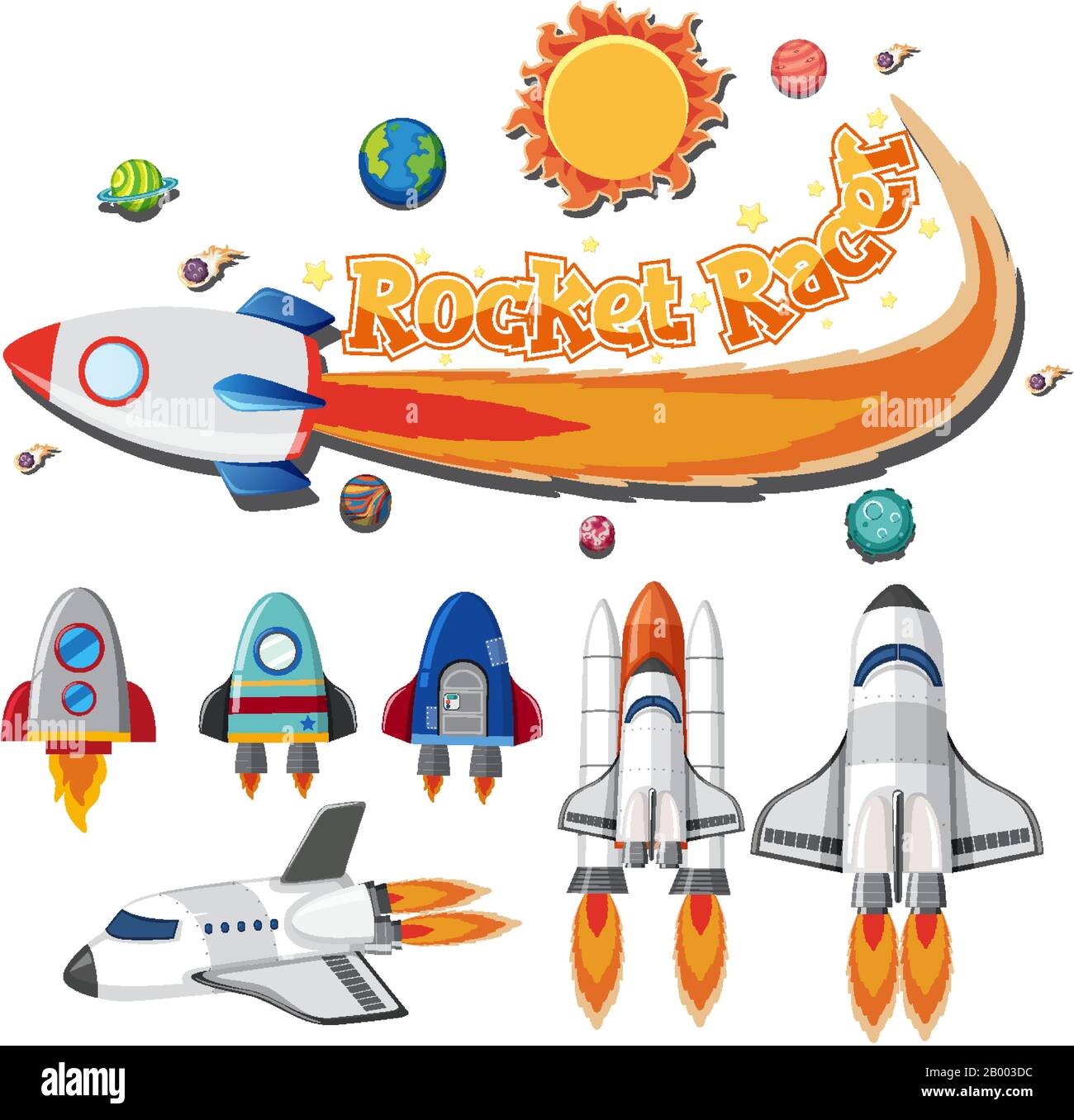 Set of spaceship and rocket racer on white background illustration ...