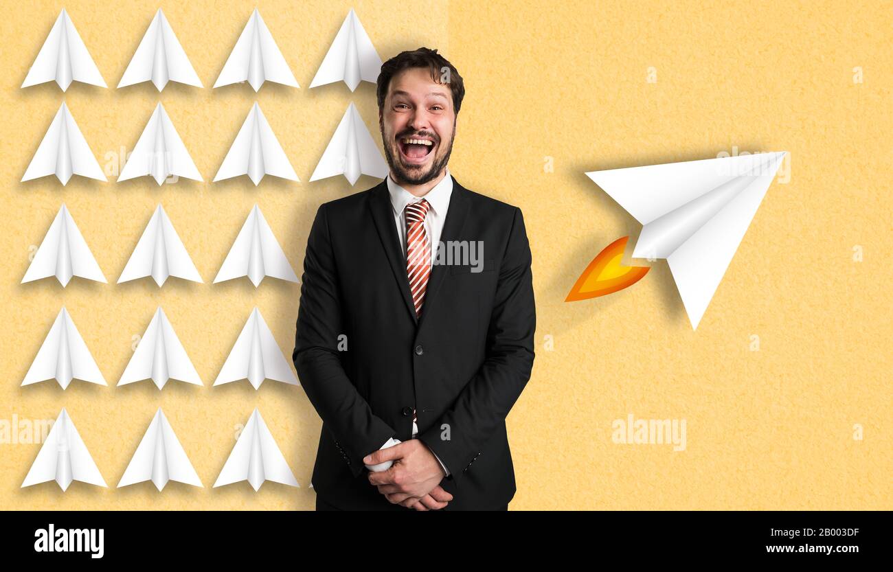 Businessman has an idea symbolized by illustrated airplane with a ...