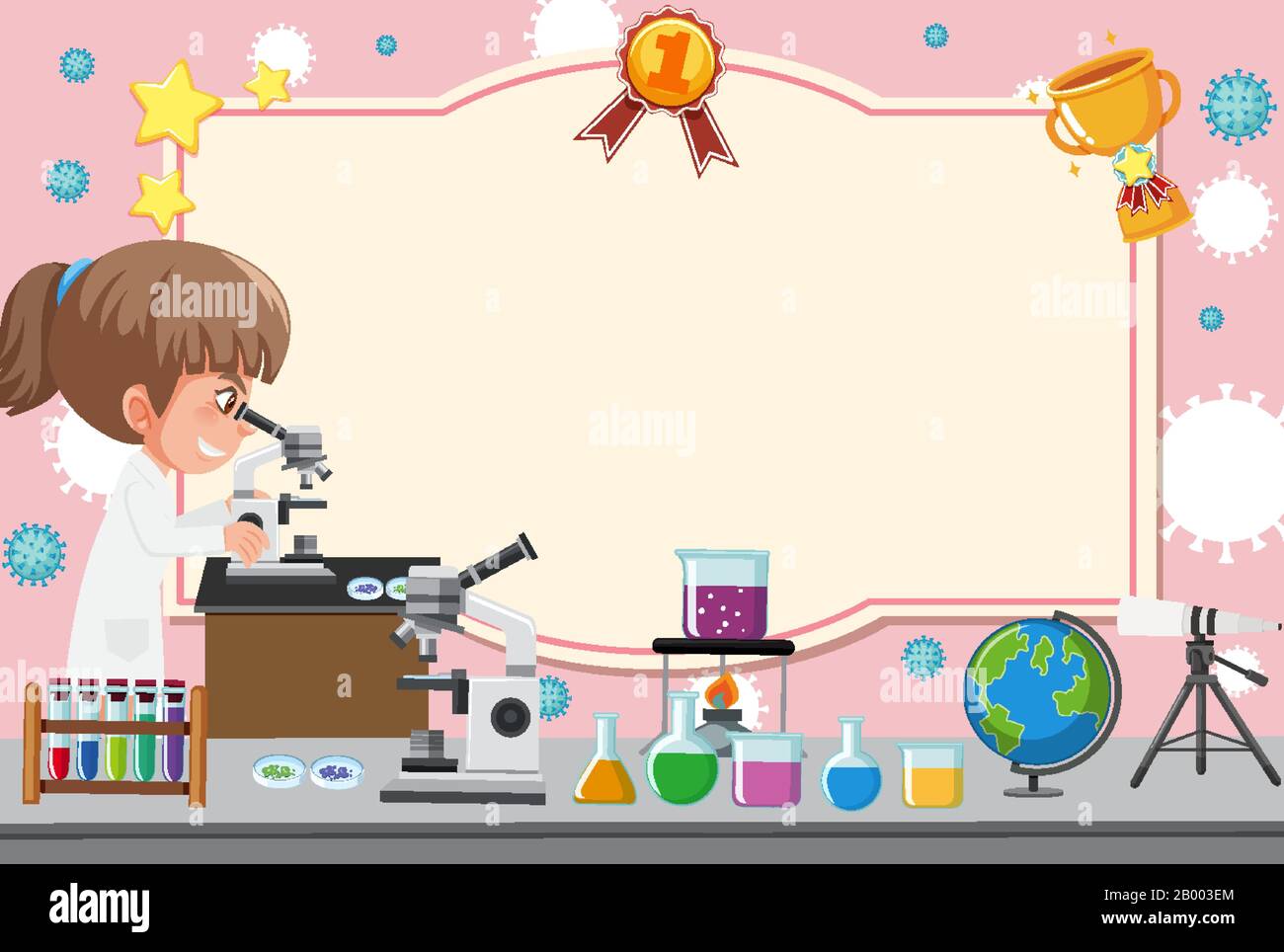 Banner template with girl in lab gown looking through microscope ...