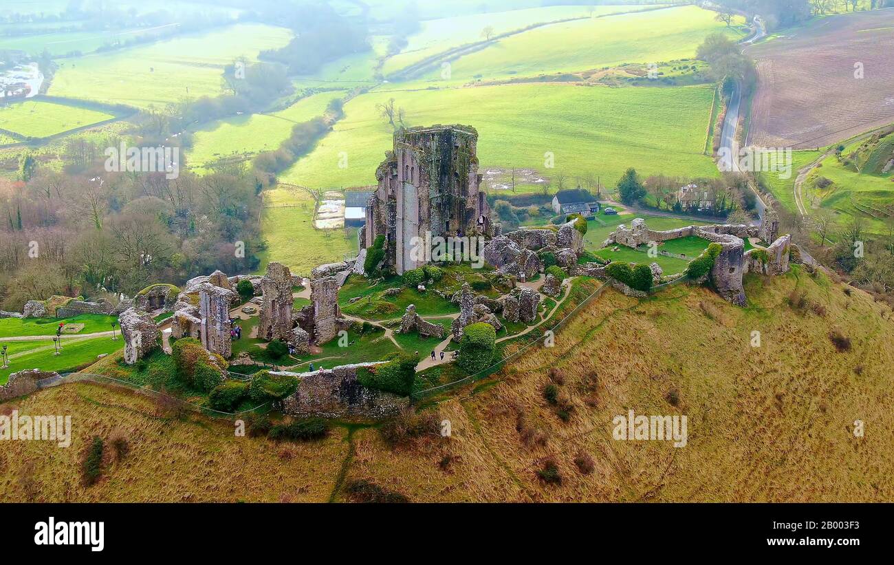Corfe Castle in England - aerial view Stock Photo - Alamy