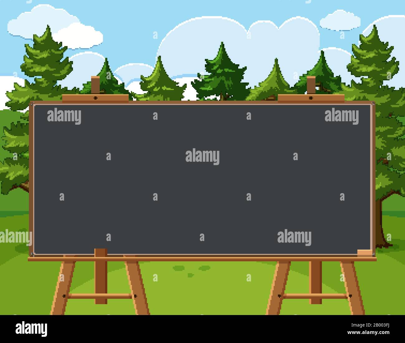 Blackboard template design with pine trees in the forest background ...