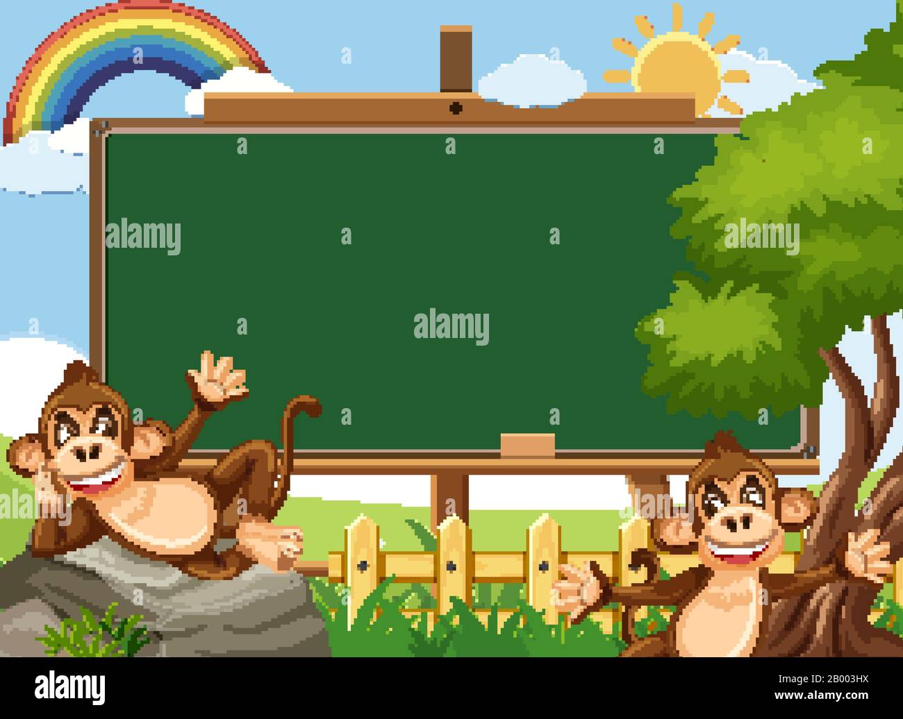 Blackboard template design with two happy monkeys in the park ...