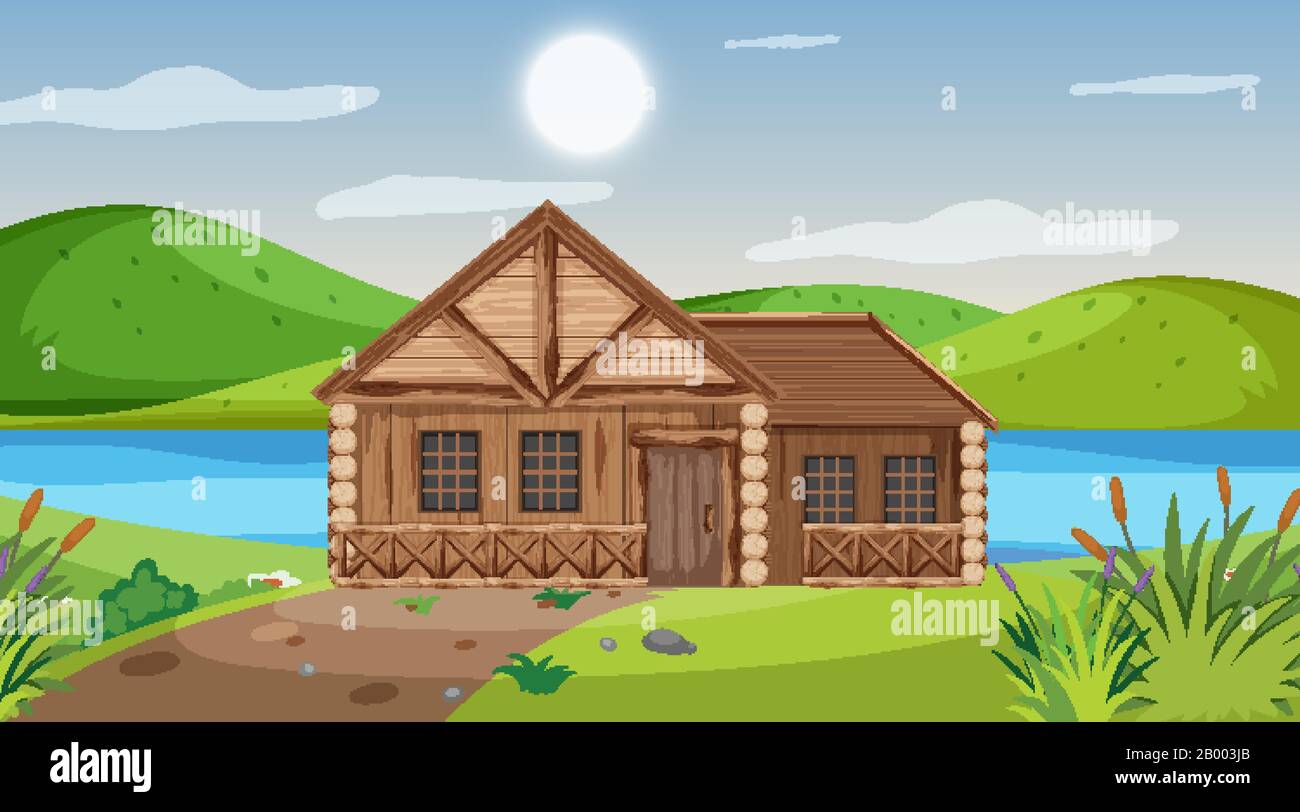 Scene with wooden cottage in the field illustration Stock Vector Image ...
