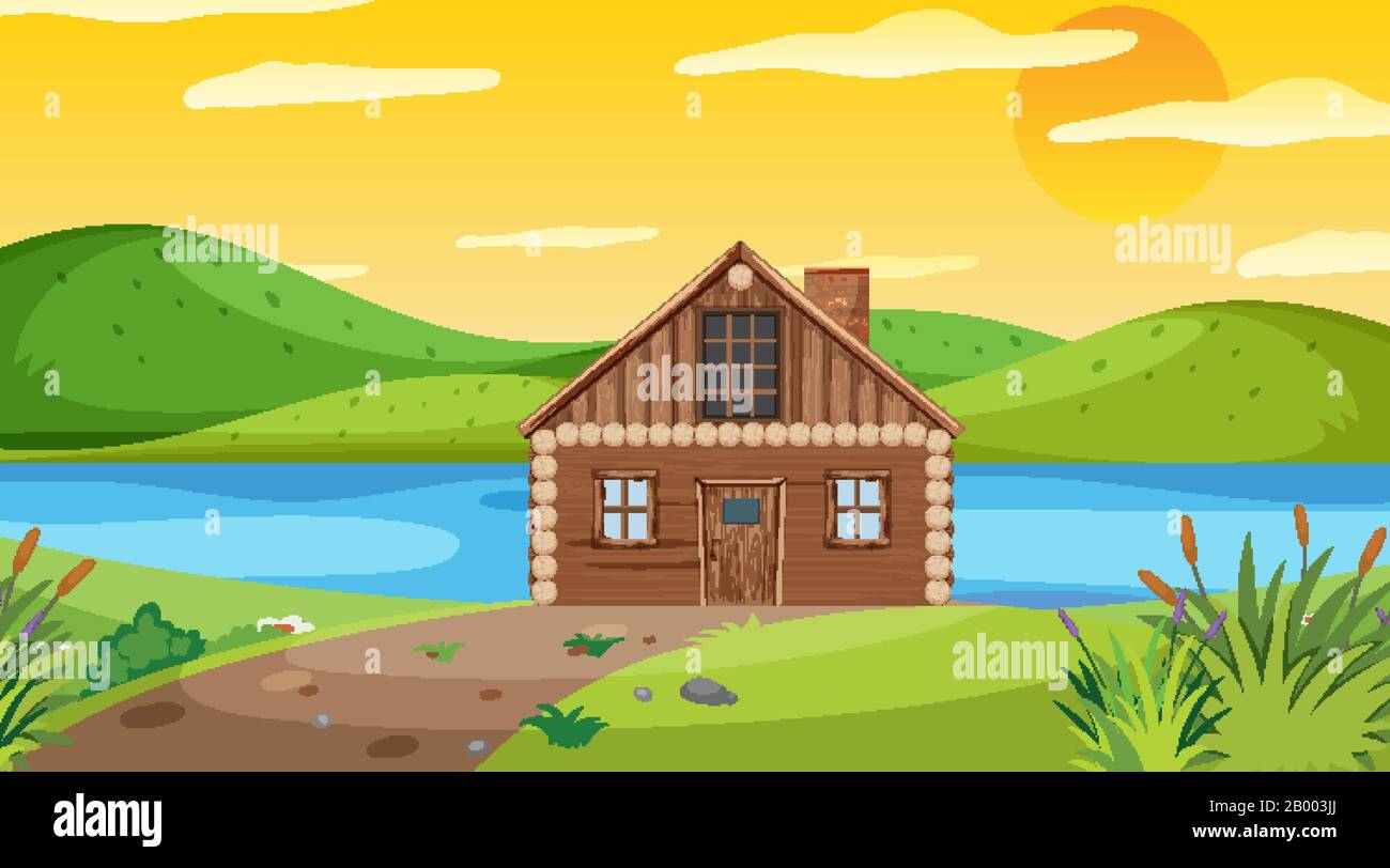 Scene with wooden cottage in the field illustration Stock Vector Image ...