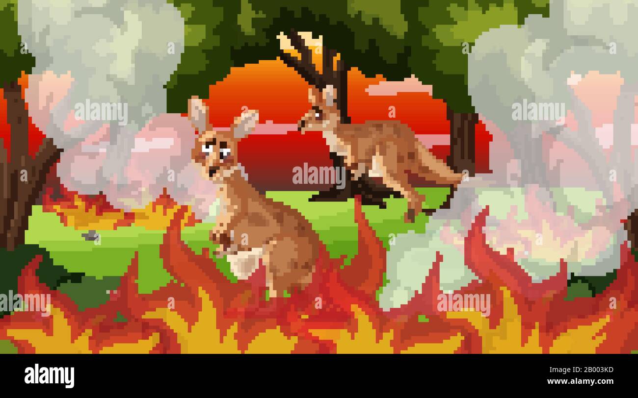 Scene with big wildfire with animal trapped in the forest illustration ...