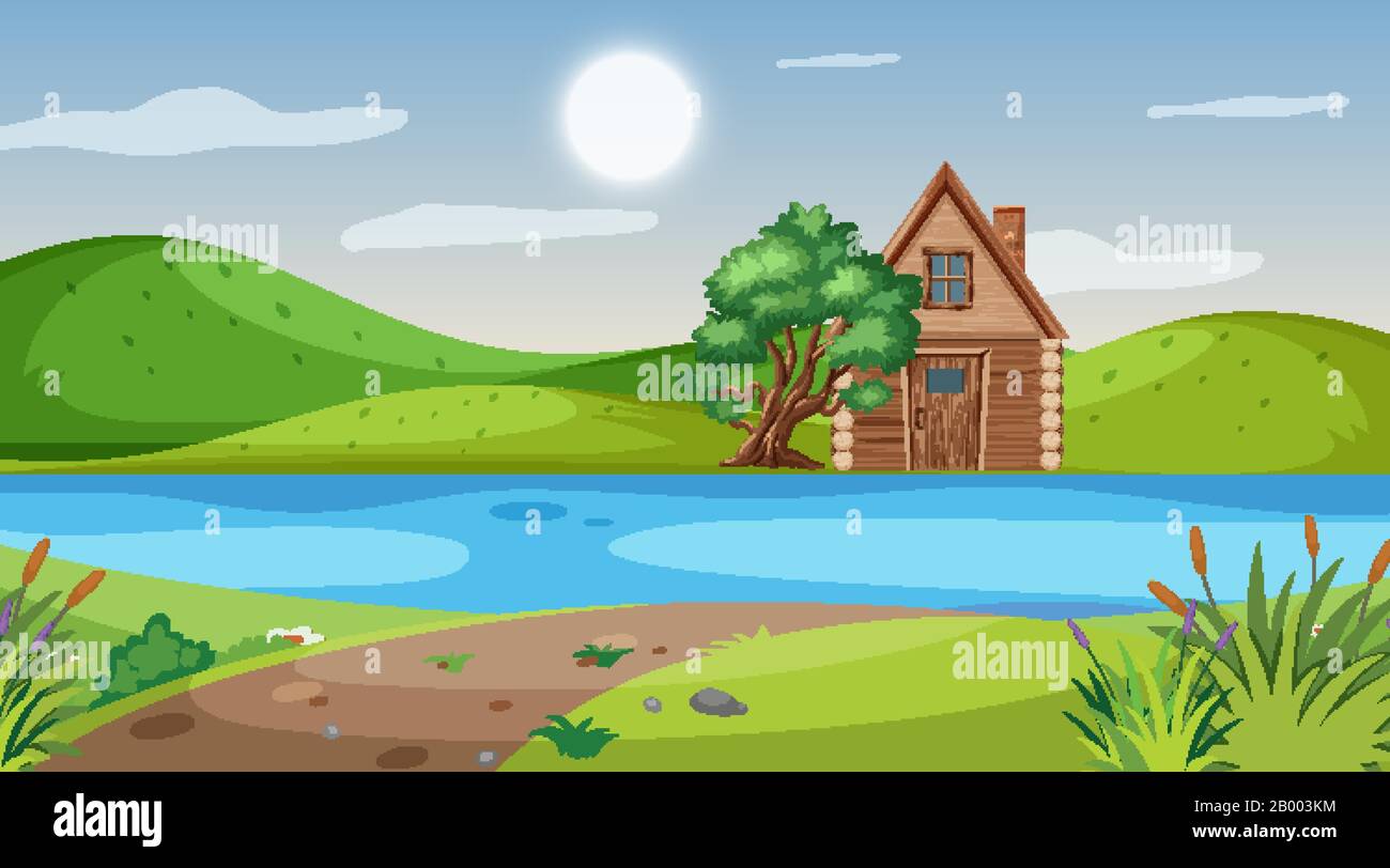 Scene with wooden cottage in the field illustration Stock Vector Image ...