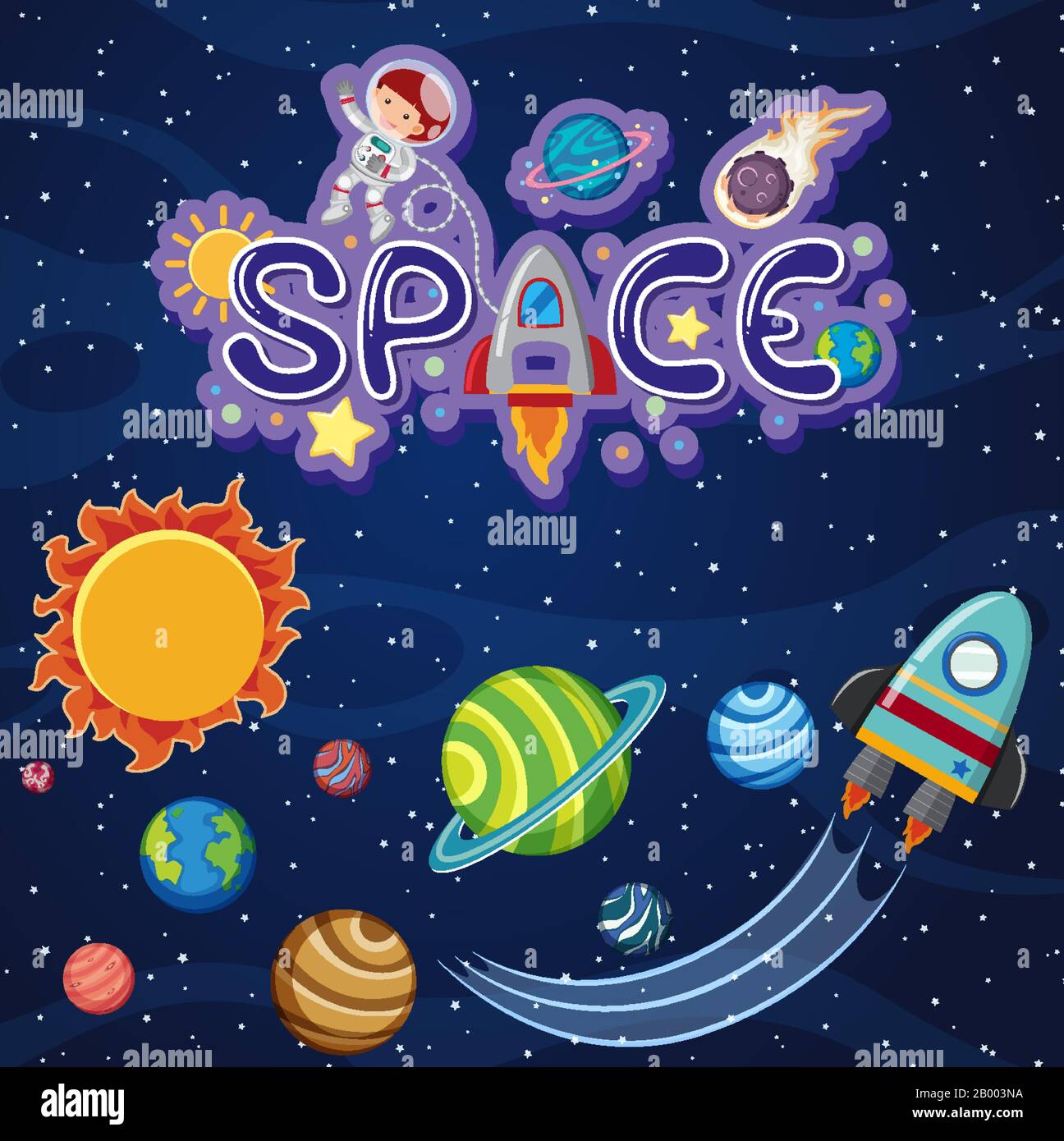 Background theme of space with spaceship and solar system illustration ...