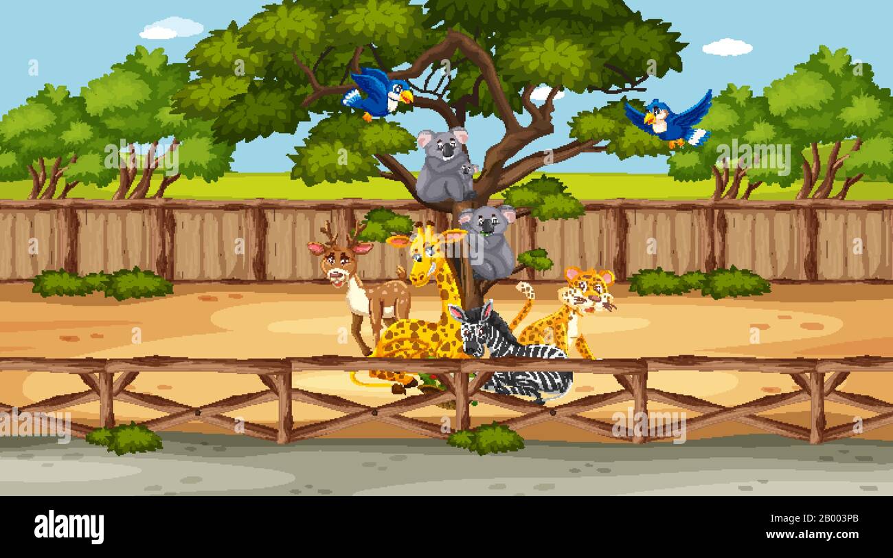 Scene with wild animals in the zoo at day time illustration Stock ...