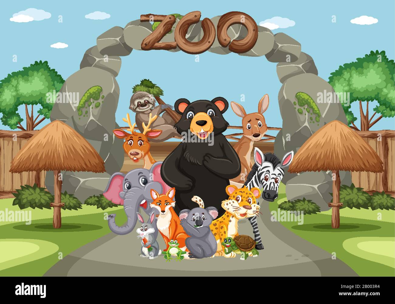 Scene with wild animals in the zoo at day time illustration Stock ...