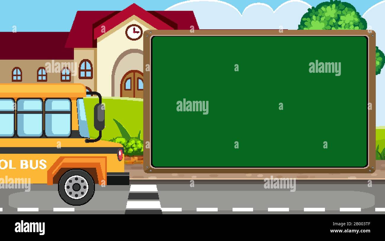 Border template with school bus and school illustration Stock Vector ...