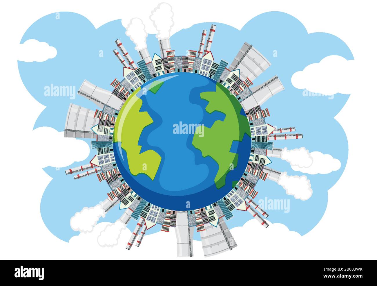 Pollution on earth with many factory buildings illustration Stock ...