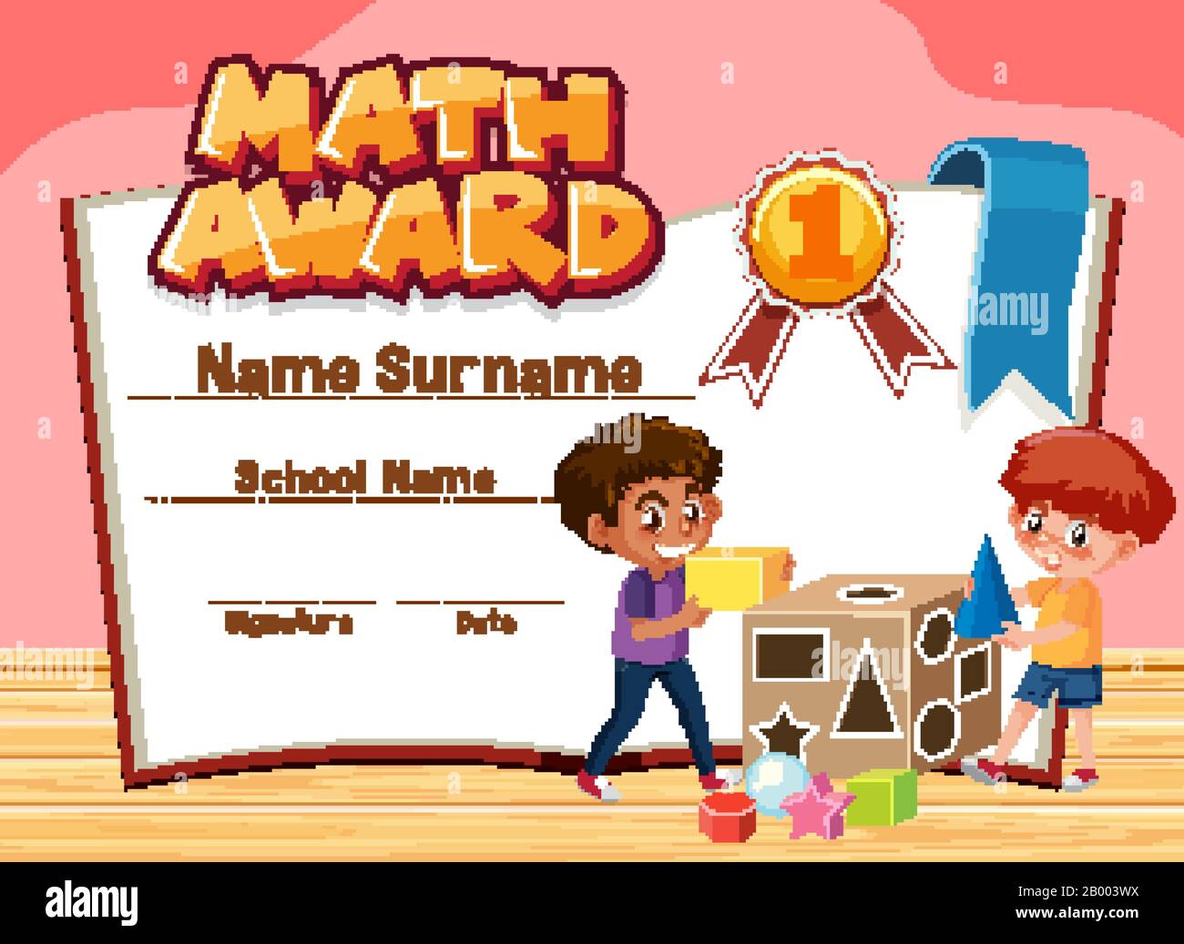 Certificate template for math award with boys playing blocks ...