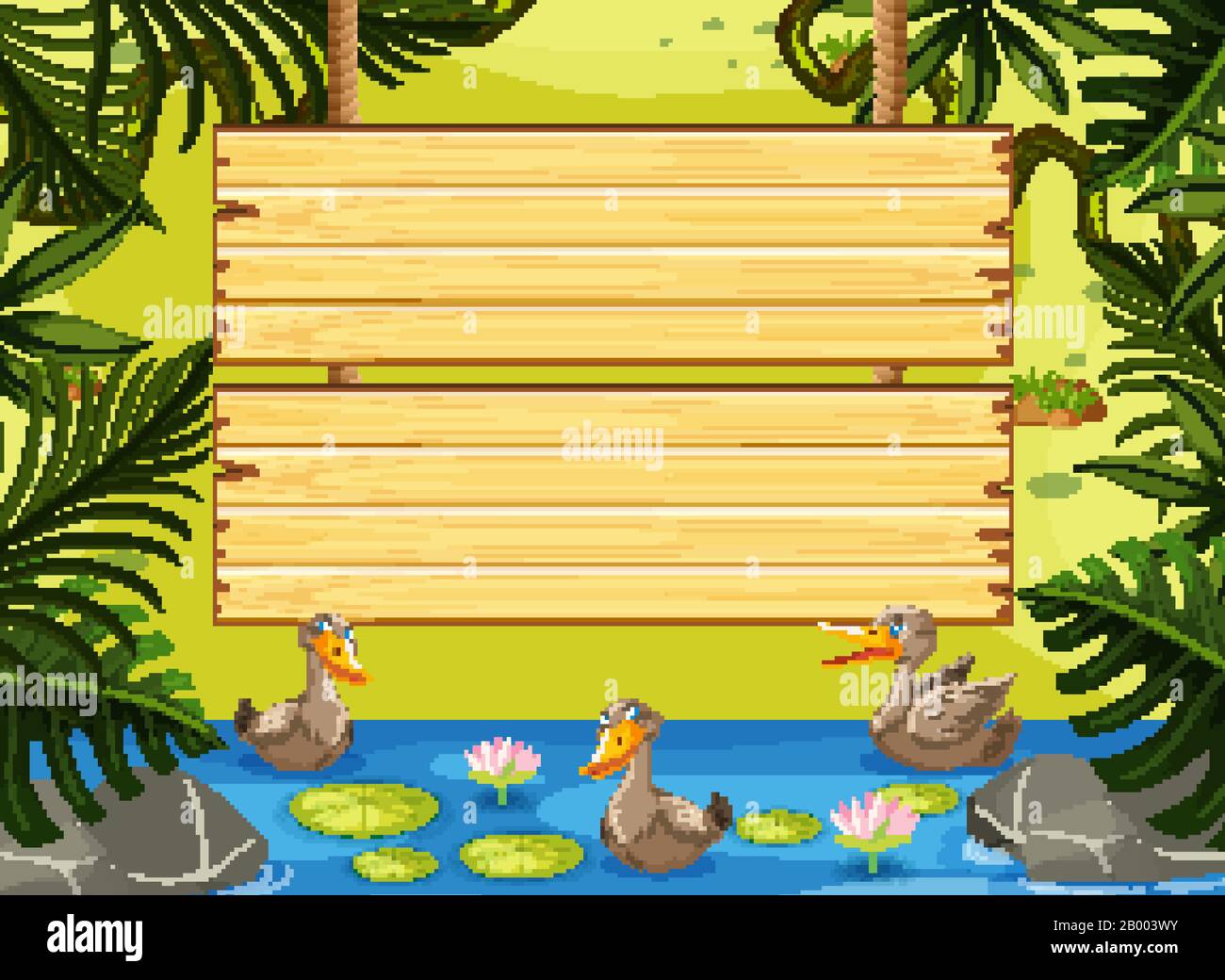 Wooden sign template with ducks in the river illustration Stock Vector ...