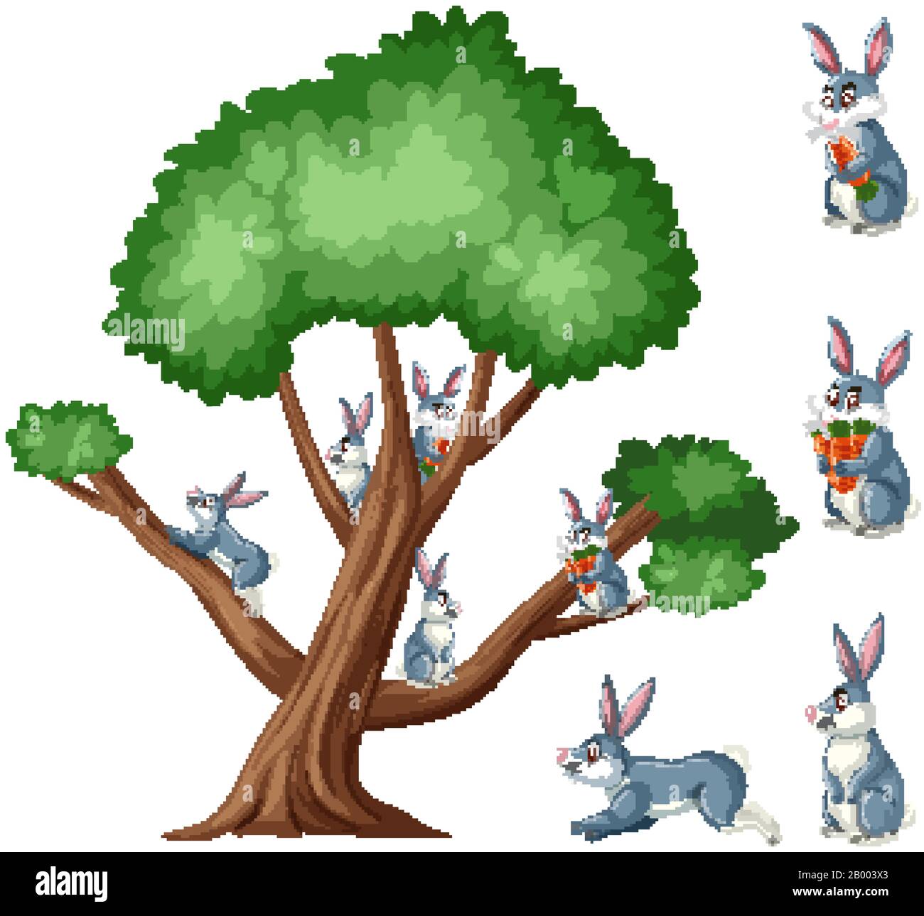 Big tree and cute bunnies on white background illustration Stock Vector ...
