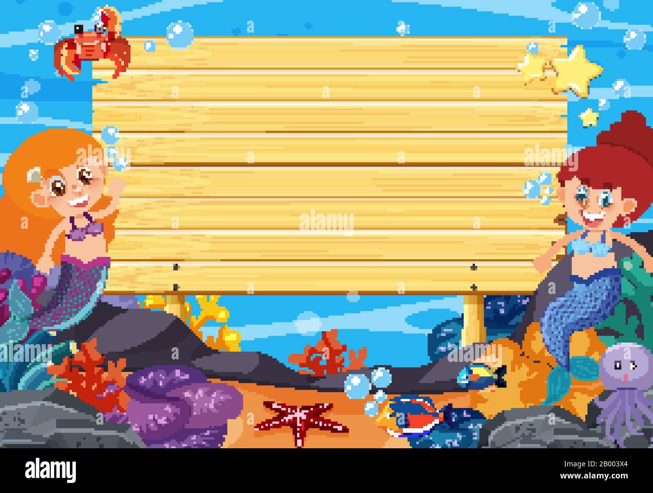 Wooden sign template with mermaids and fish under the sea illustration ...