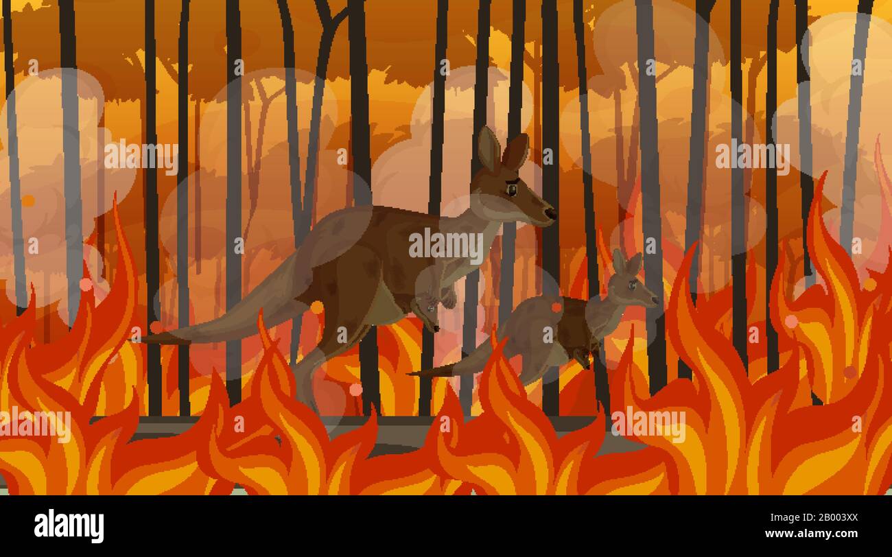 Scene with big wildfire with animal trapped in the forest illustration ...