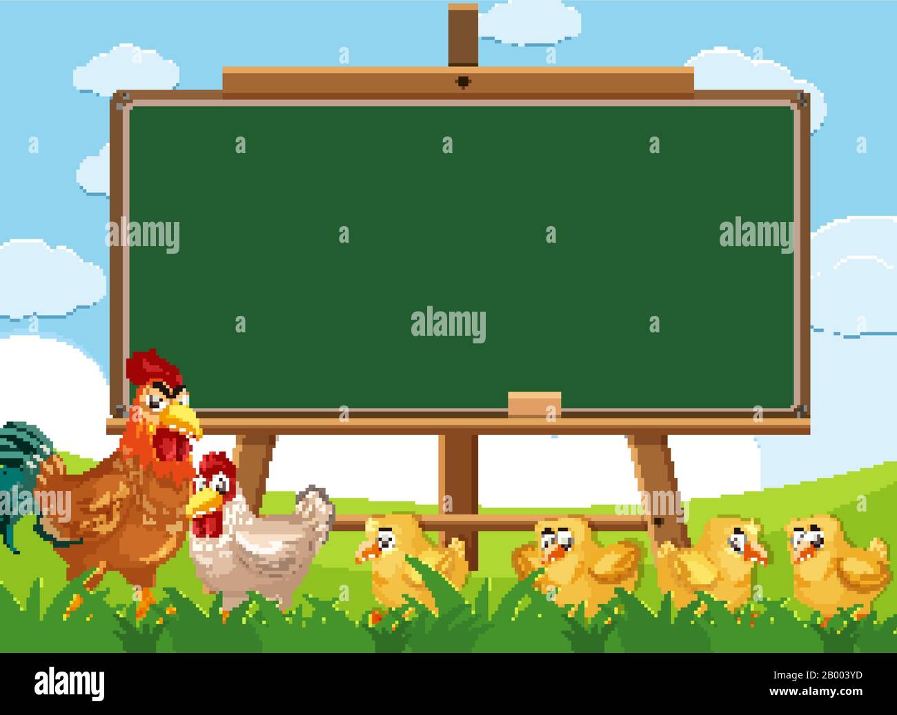 Blackboard template design with chickens on the farm in the background ...