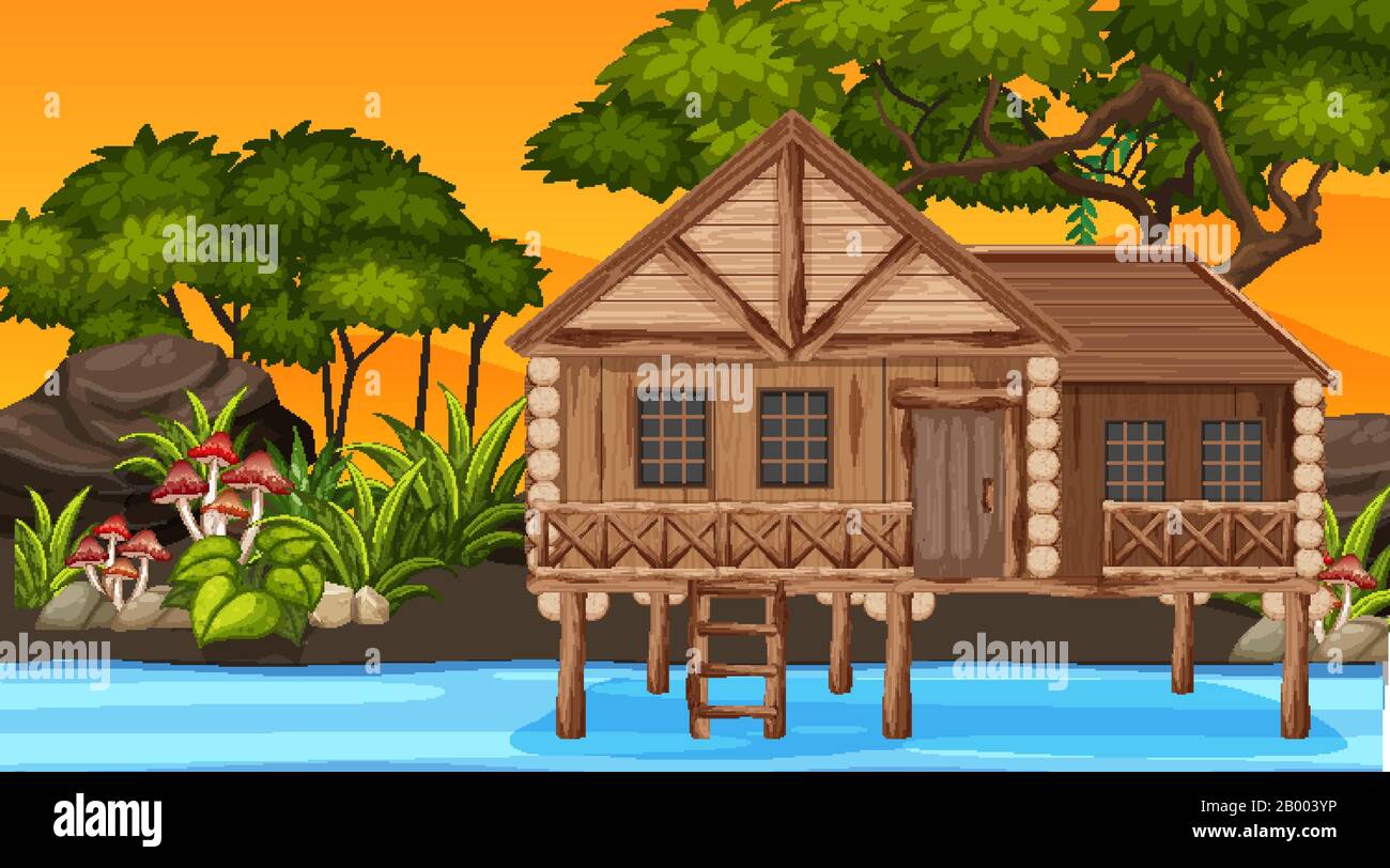 Scene with wooden cottage in the field illustration Stock Vector Image ...